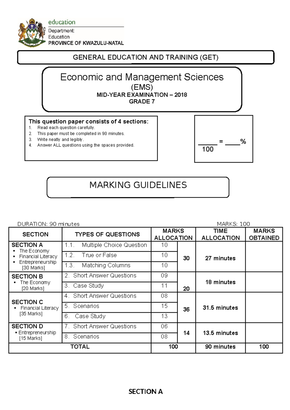 EMS JUNE 2018 Common Paper Grade 7. Memorandum docx - DURATION: 90 ...