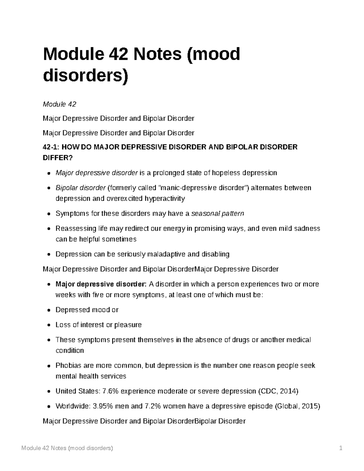 Module 42 Notes (mood disorders) - Module 42 Notes (mood disorders ...
