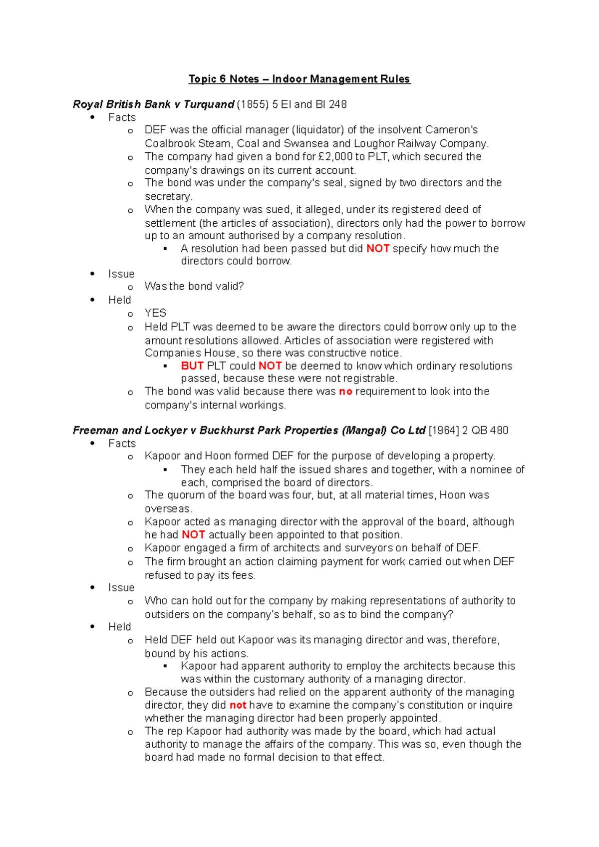 Topic 6 Cases - Indoor management rule - Topic 6 Notes – Indoor ...