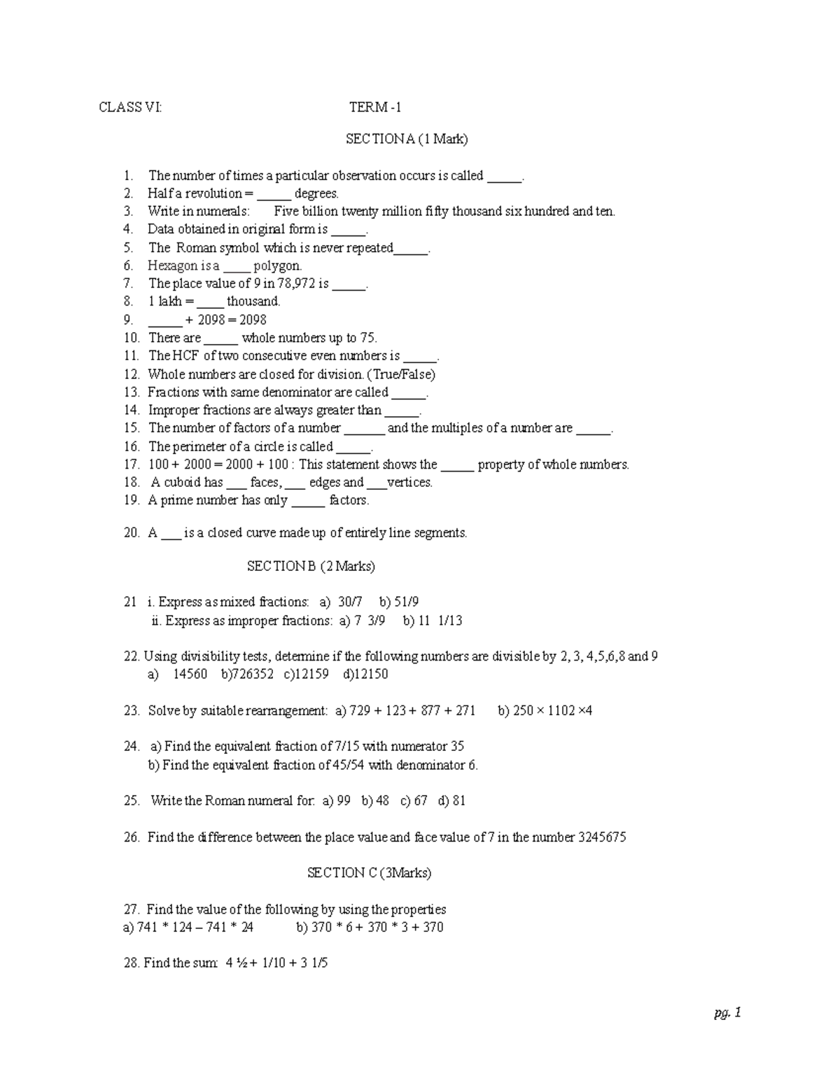 TERM EXAM -I 2013 - term1 examination sample paper class 6 - CLASS VI ...