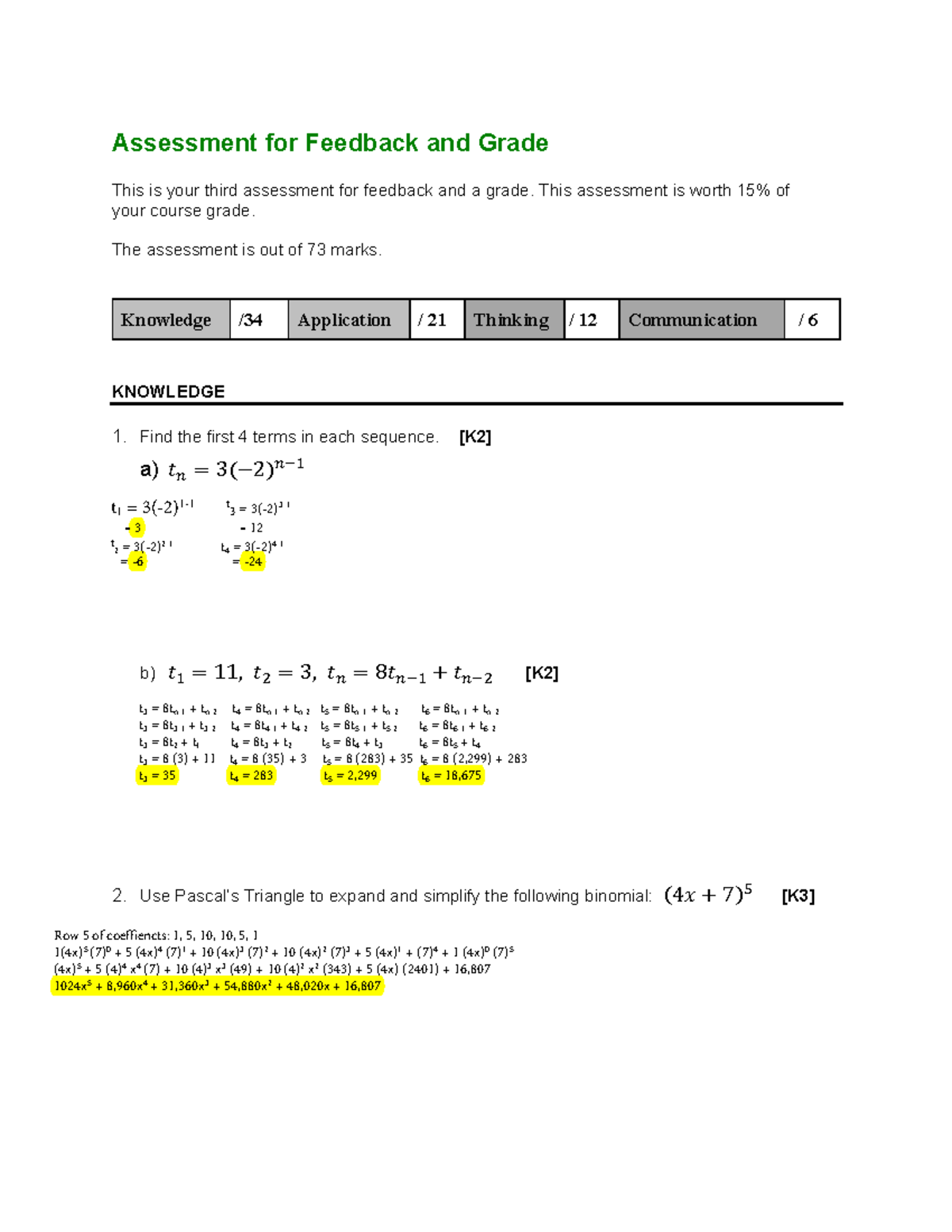 Unit 3 Math Assesment - Assessment for Feedback and Grade This is your ...