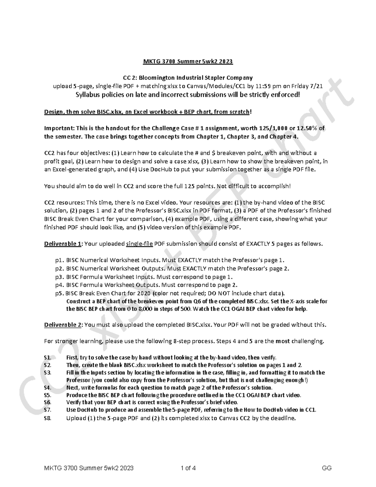Challenge Case 2 Instructions (CC2) - CC2 xlsx + BEP chart MKTG 3700 ...