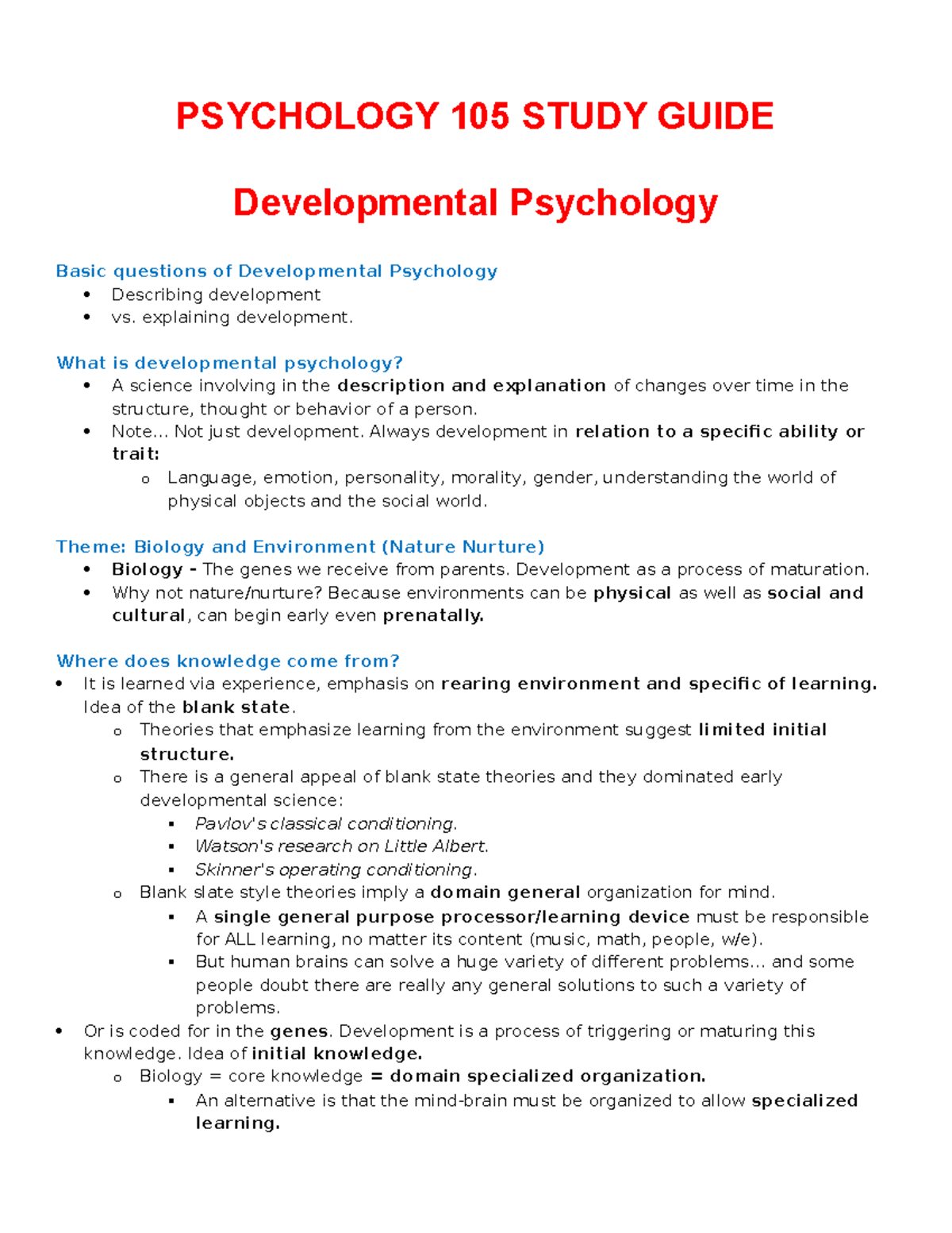 Final Psych 105 Study Guide - PSYCHOLOGY 105 STUDY GUIDE Developmental ...
