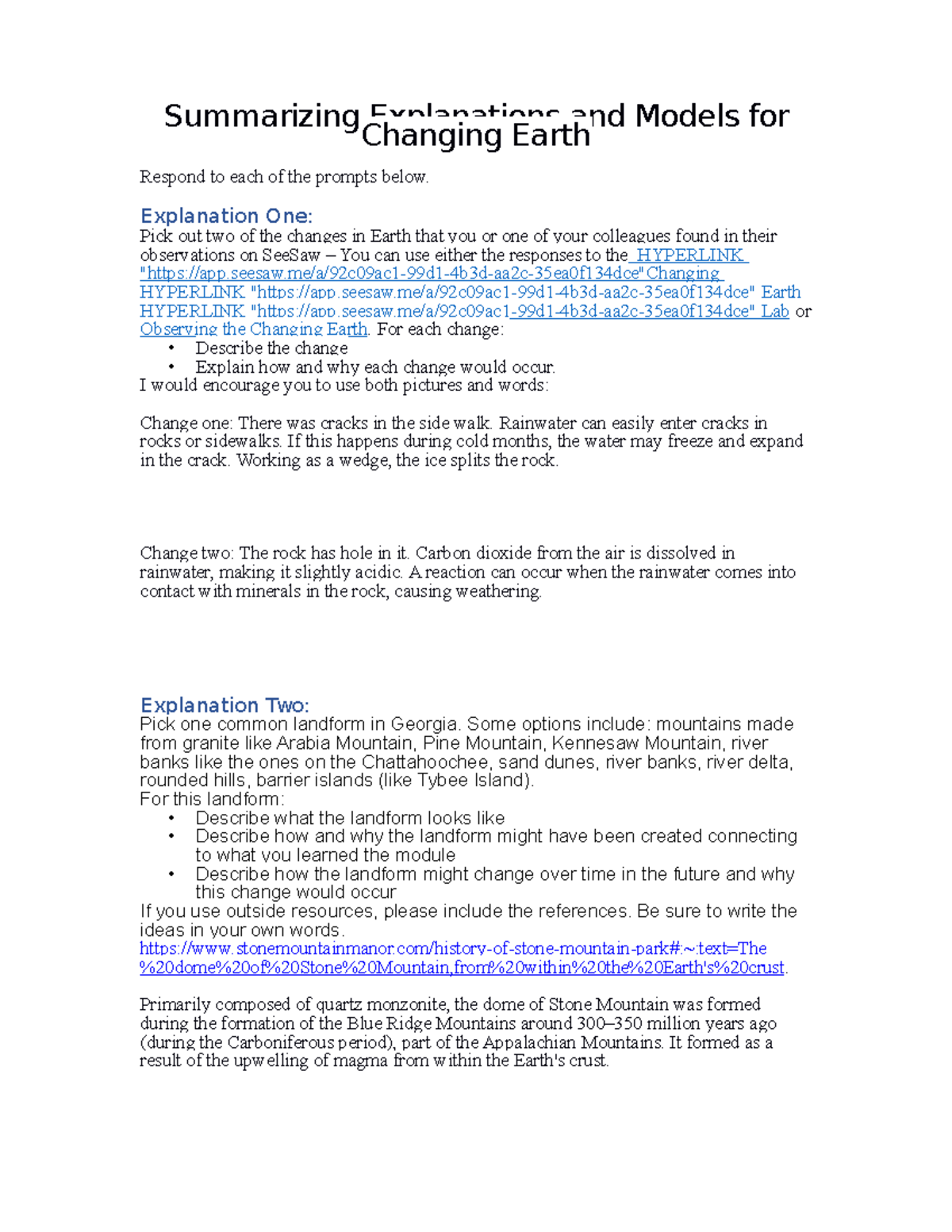 Changing Earth Summarizing Explanationswith See Saw W03 jack ...