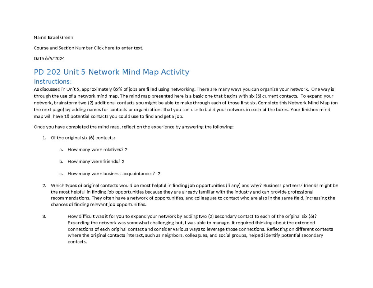 PD202 Unit 5 Network Mind Map Worksheet (1) week 5 - Name Israel Green Course and Section Number ...