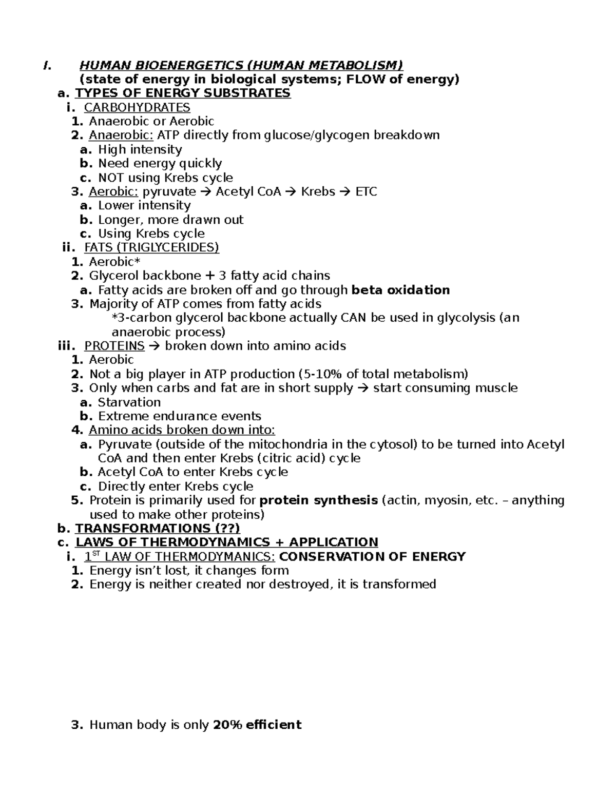 Exam 1 review - I. HUMAN BIOENERGETICS (HUMAN METABOLISM) (state of ...