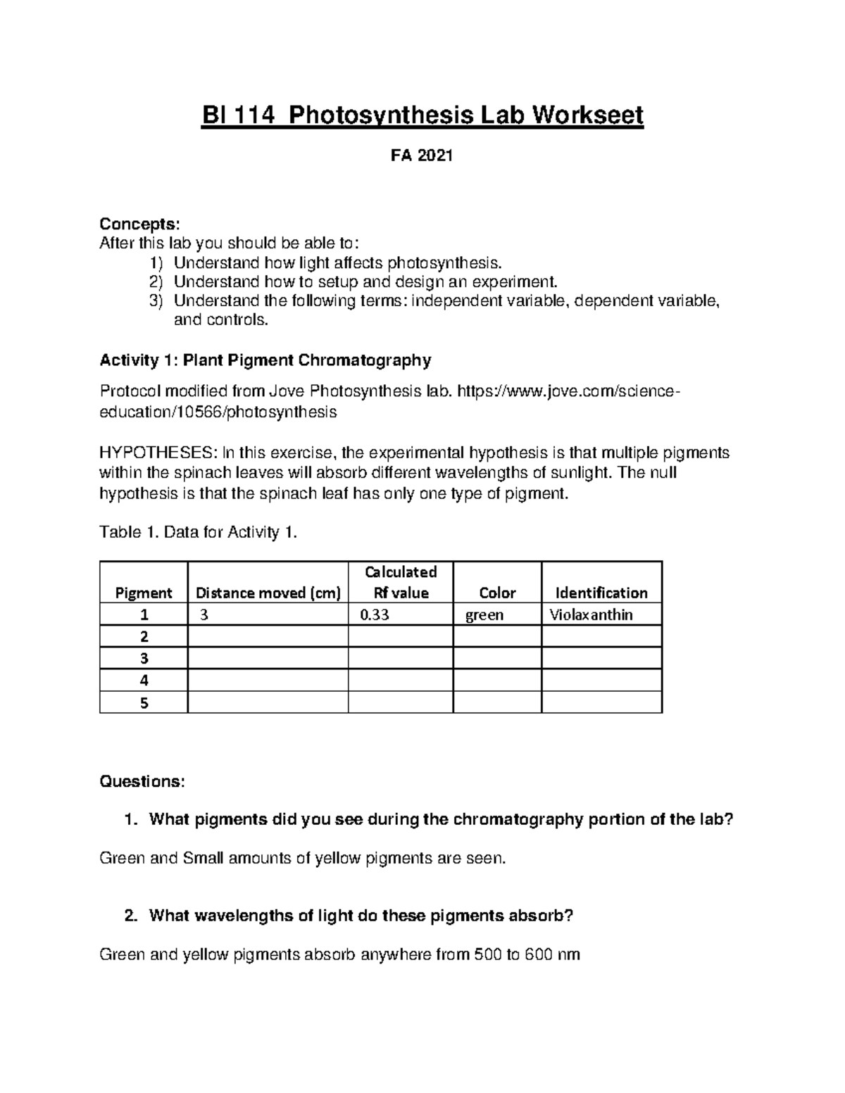 Chromatogpraphy Lab Experiment Worksheet - BI 114 Photosynthesis Lab ...