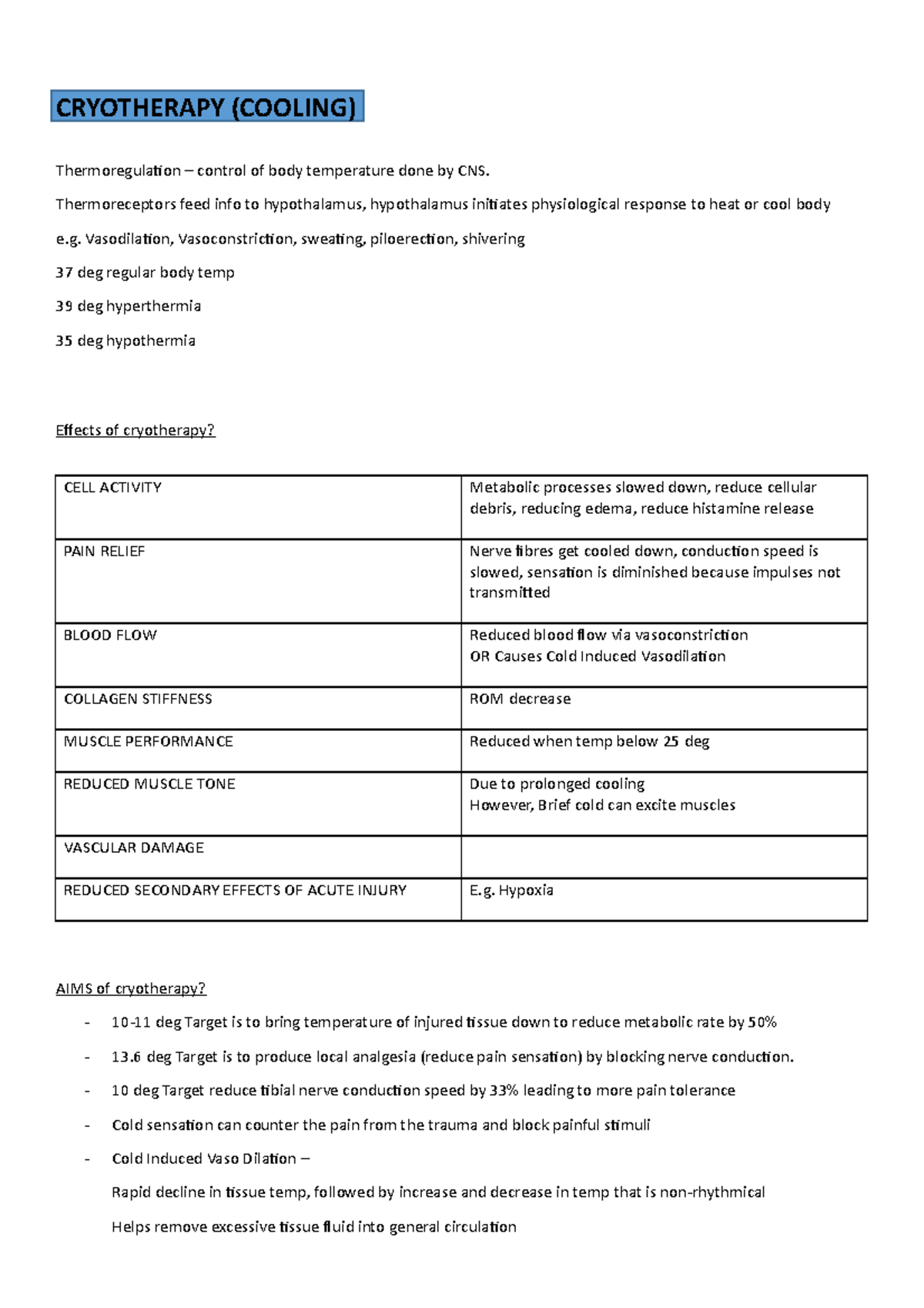 Electrotherapy (Cryotherapy) - CRYOTHERAPY (COOLING) Thermoregulation ...