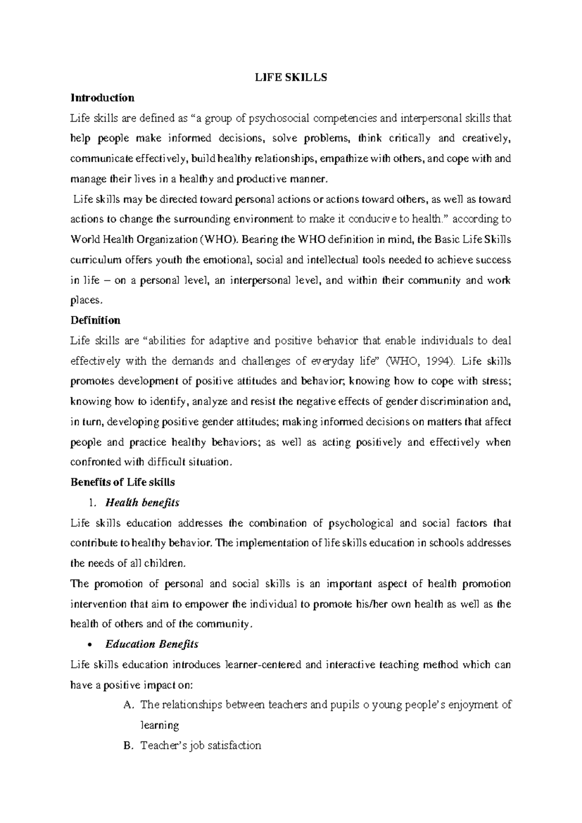 Life Skills Notes - LIFE SKILLS Introduction Life skills are defined as ...