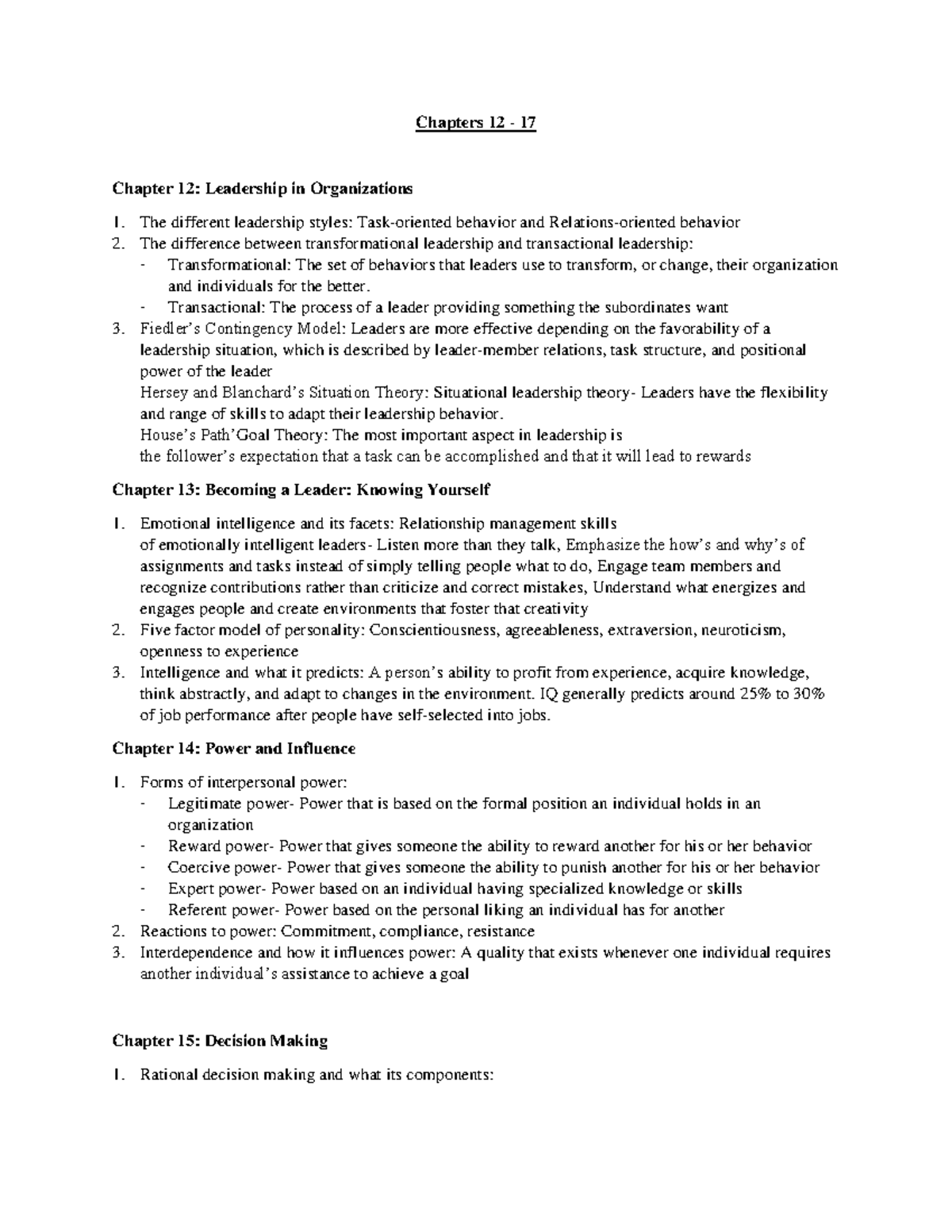 Exam 3 Review CHAP. 12 to 15 - Chapters 12 - 17 Chapter 12: Leadership ...