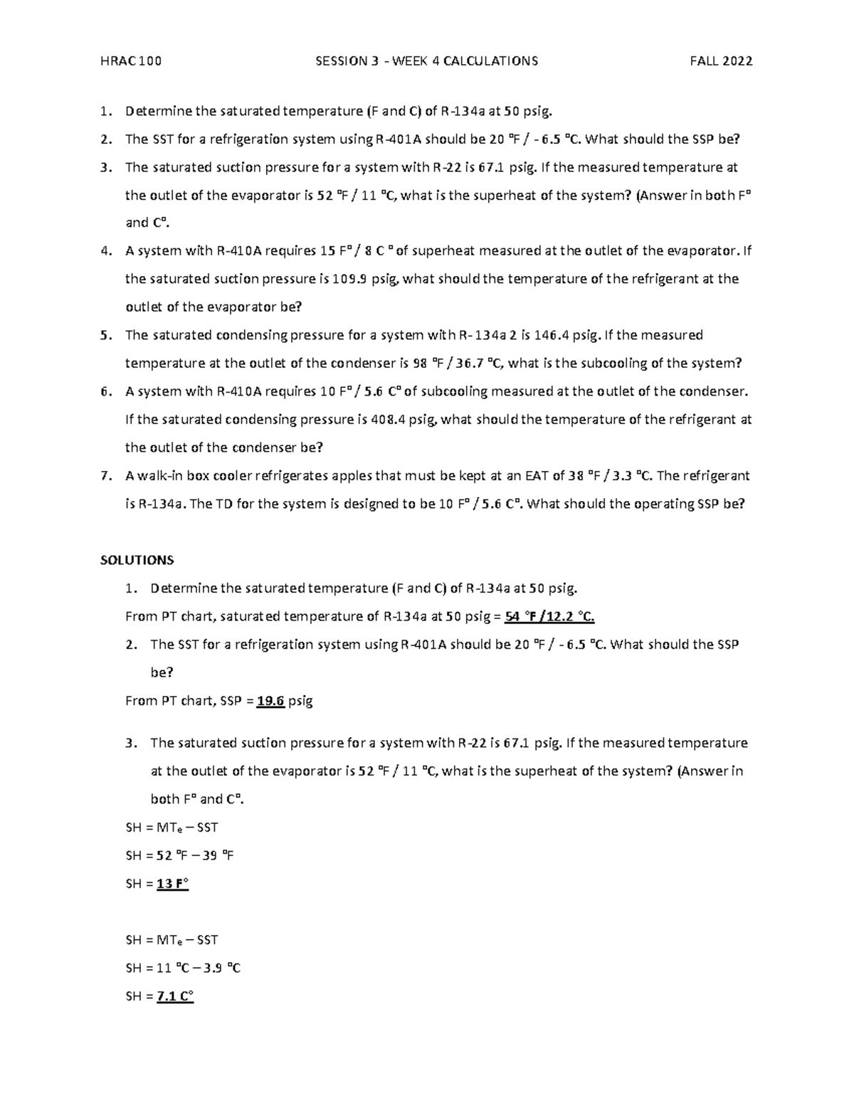 WEEK 4 Calculations ANS - HRAC 100 SESSION 3 - WEEK 4 CALCULATIONS FALL 2022 Determine the ...