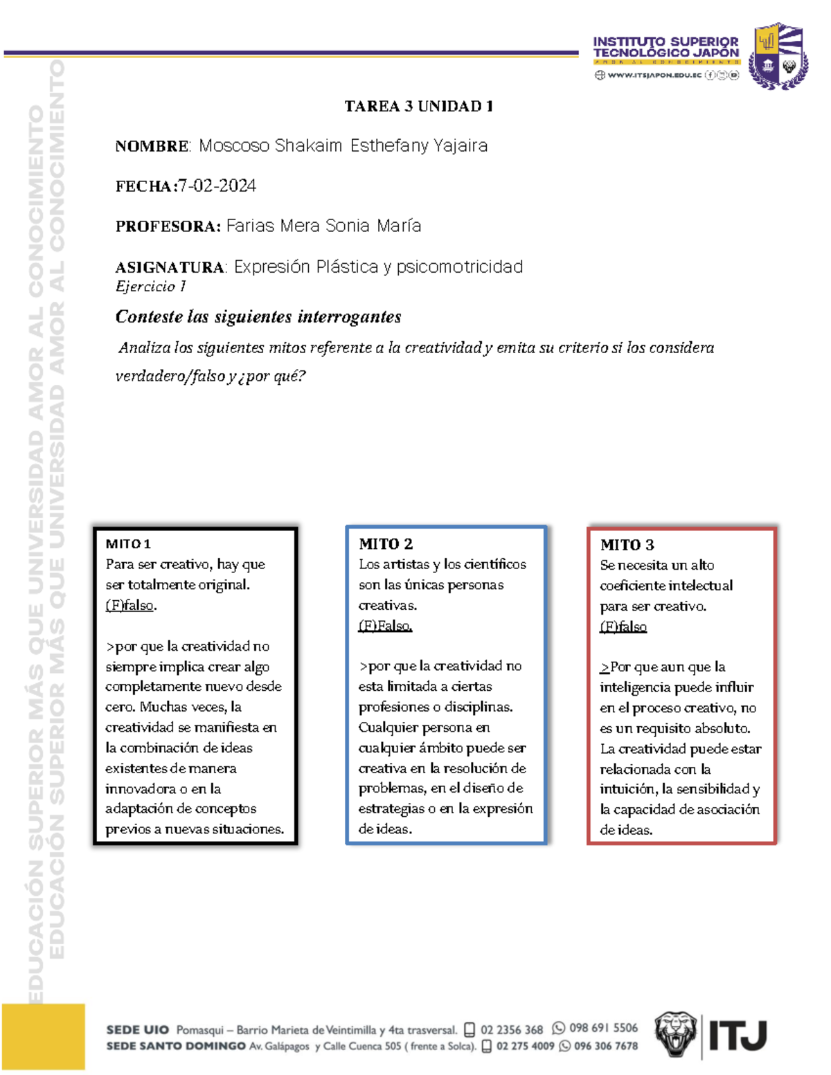 Tarea 3-unidad 2 Mitos - TAREA 3 UNIDAD 1 NOMBRE: Moscoso Shakaim Esthefany Yajaira FECHA: 7 ...