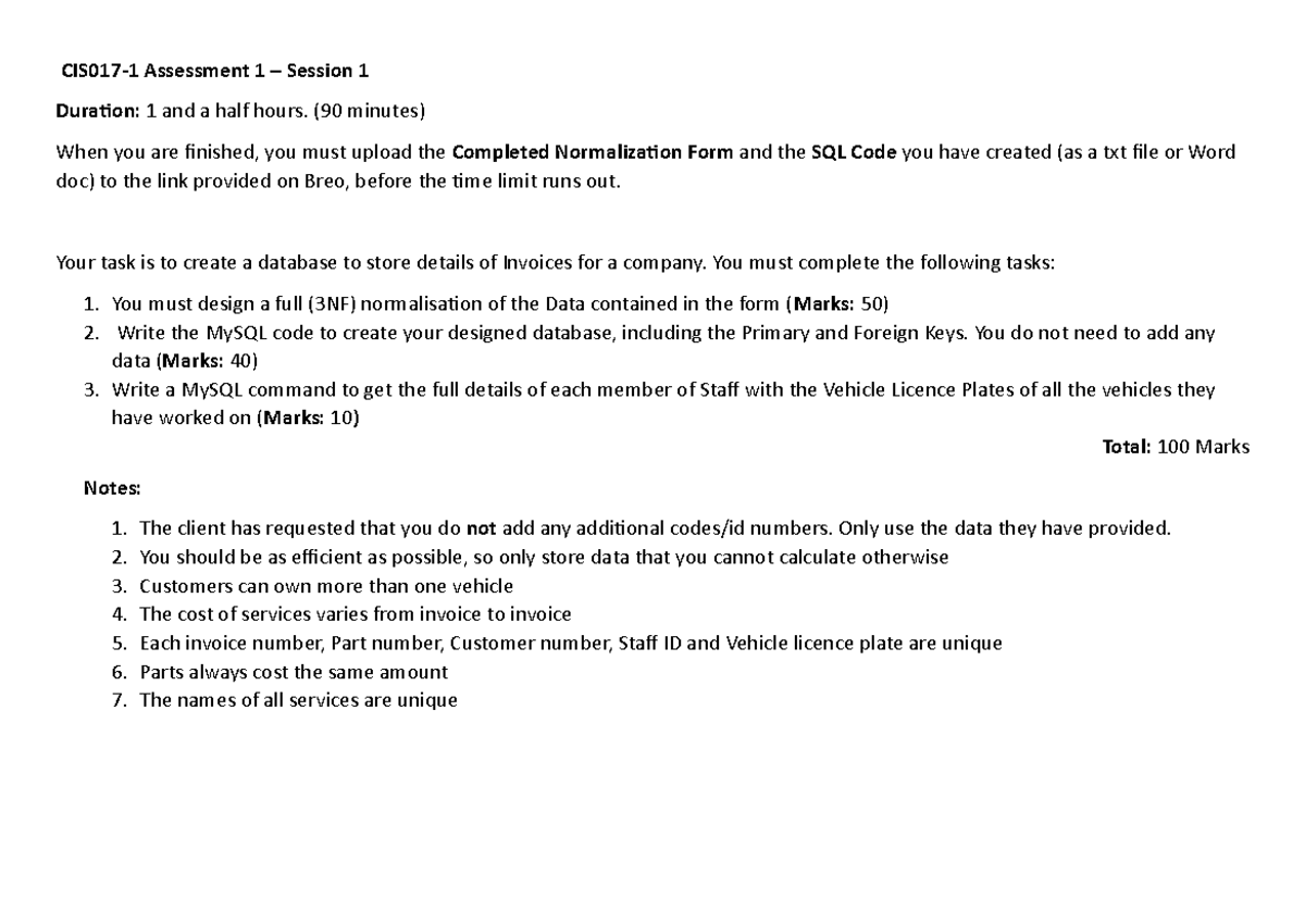 CIS017 -1 Assessment 1a version 1 2018 - CIS017-1 Assessment 1 – Session 1 Duration: 1 and a ...