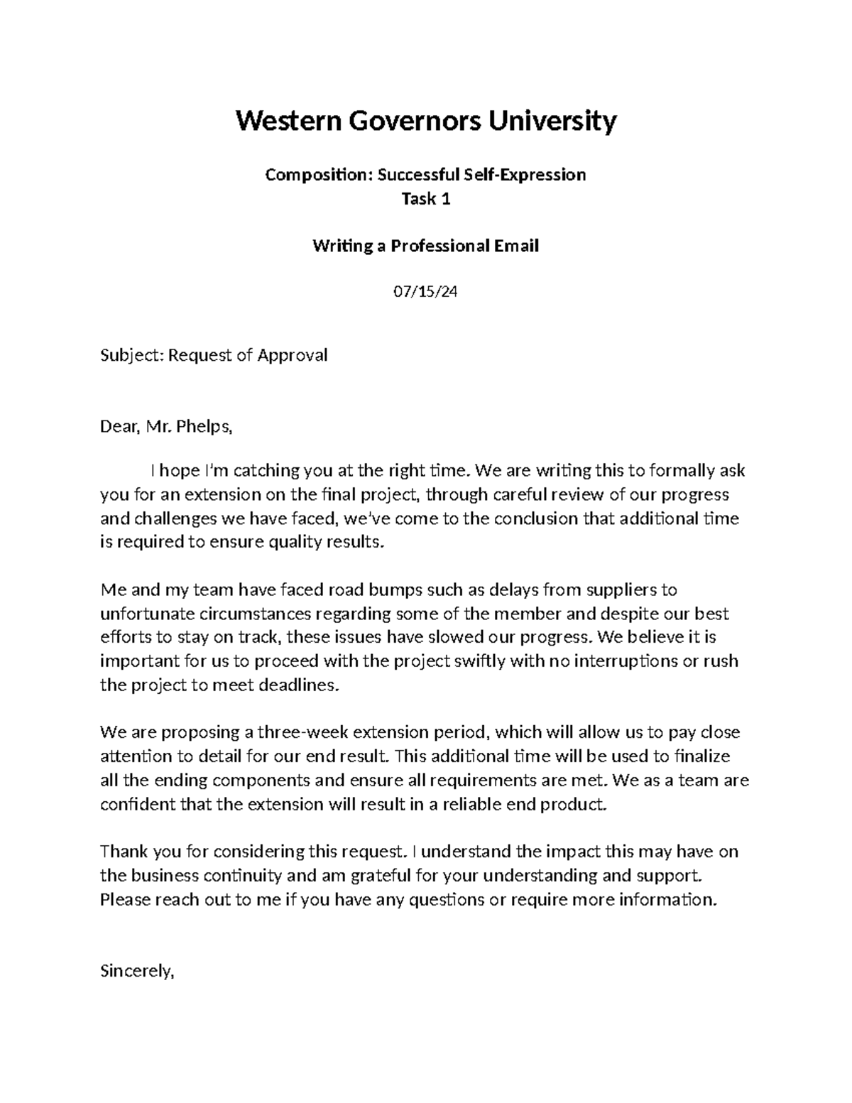 Professional email task 1 - Western Governors University Composition ...