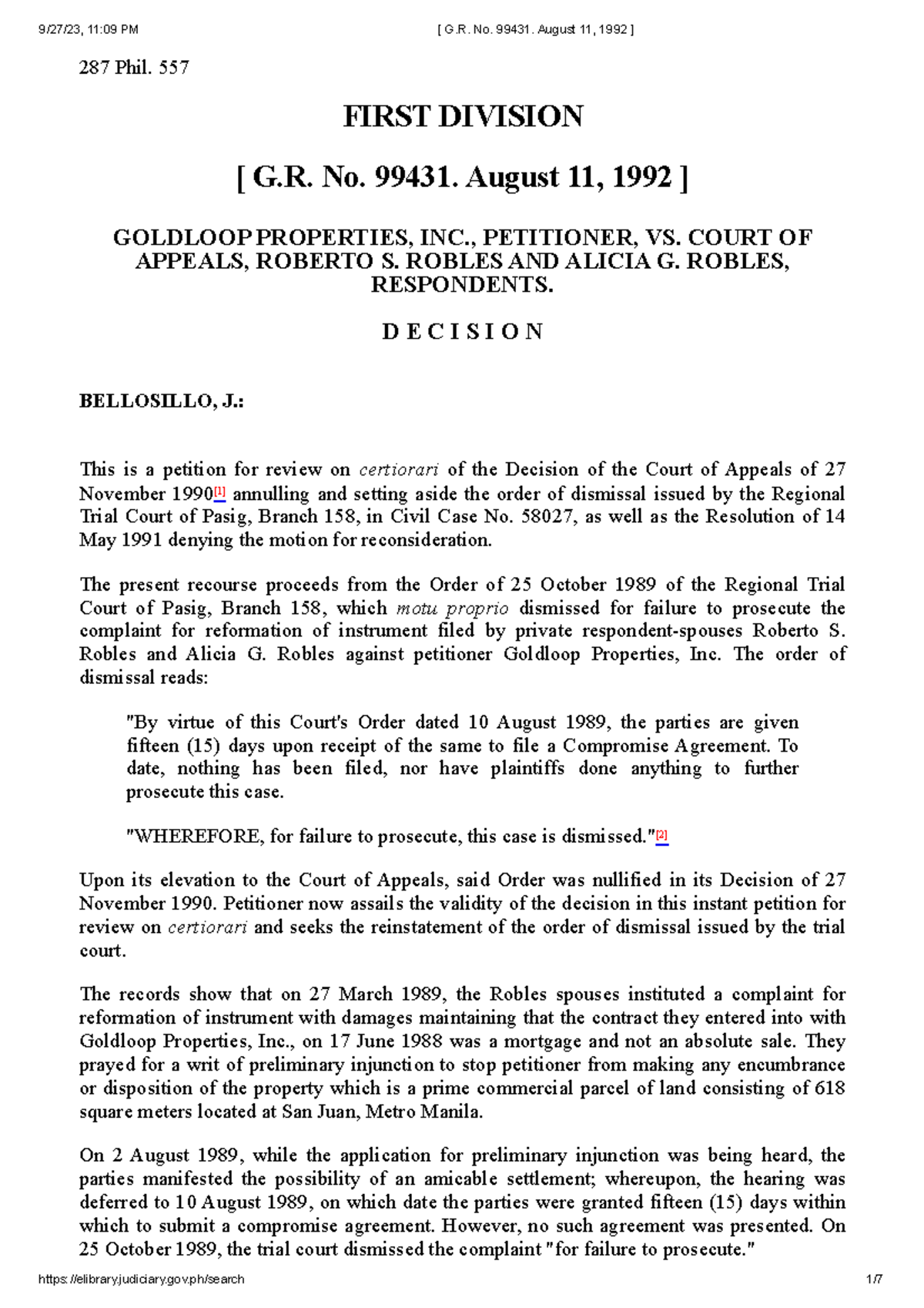 Goldloop versus CA - 287 Phil. 557 FIRST DIVISION [ G. No. 99431 ...