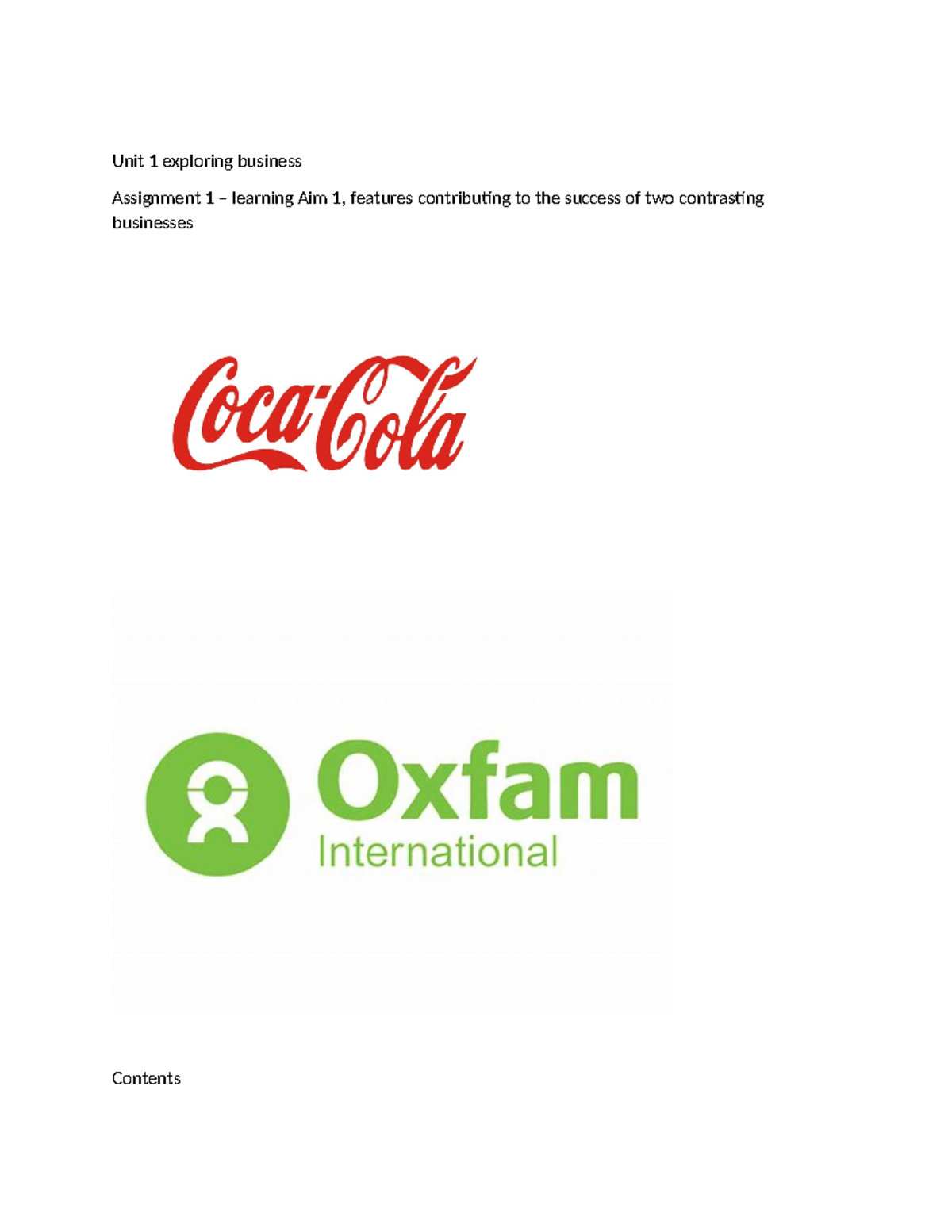 Unit 1 Business Success: Coca Cola & Oxfam Analysis - Unit 1 exploring ...
