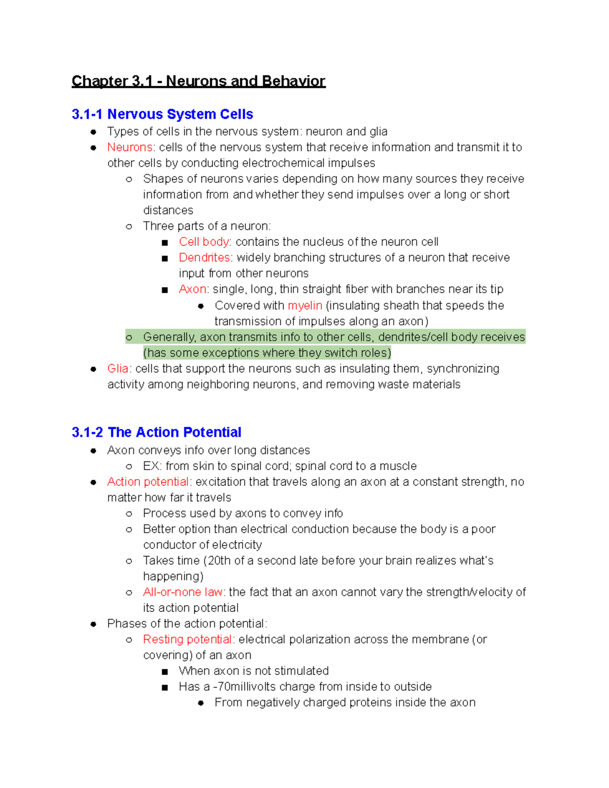 Psychology Module 3.1 Notes - Chapter 3 - Neurons and Behavior 3-1 ...