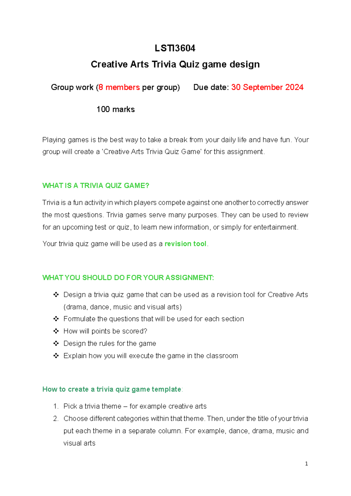 LSTI3604 CA trivia game design Assignment - 1 LSTI 3604 Creative Arts ...