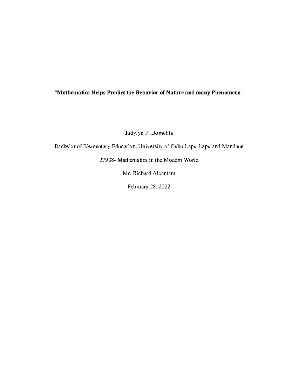 Dometita,Judylyn ( Math101 Class Project) Synthesis Paper ...