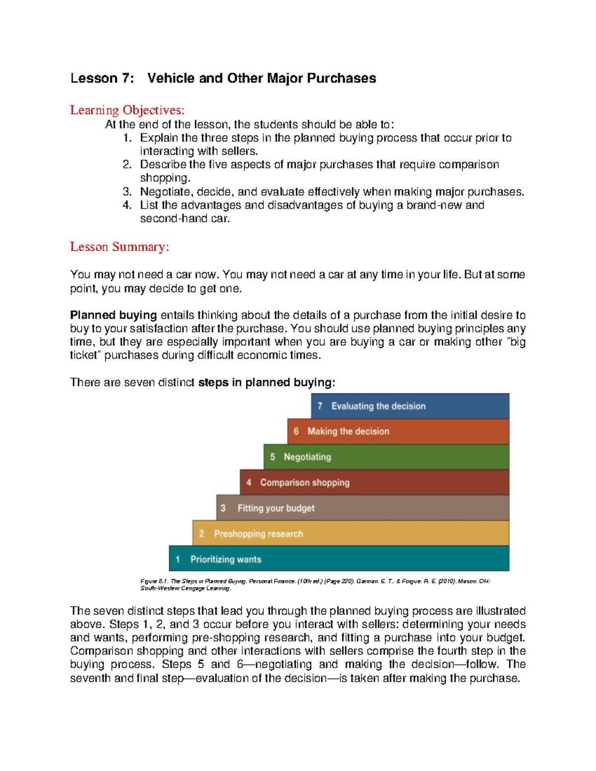 Lesson 7 - Vehicle and Other Major Purchases - Lesson 7: Vehicle and ...