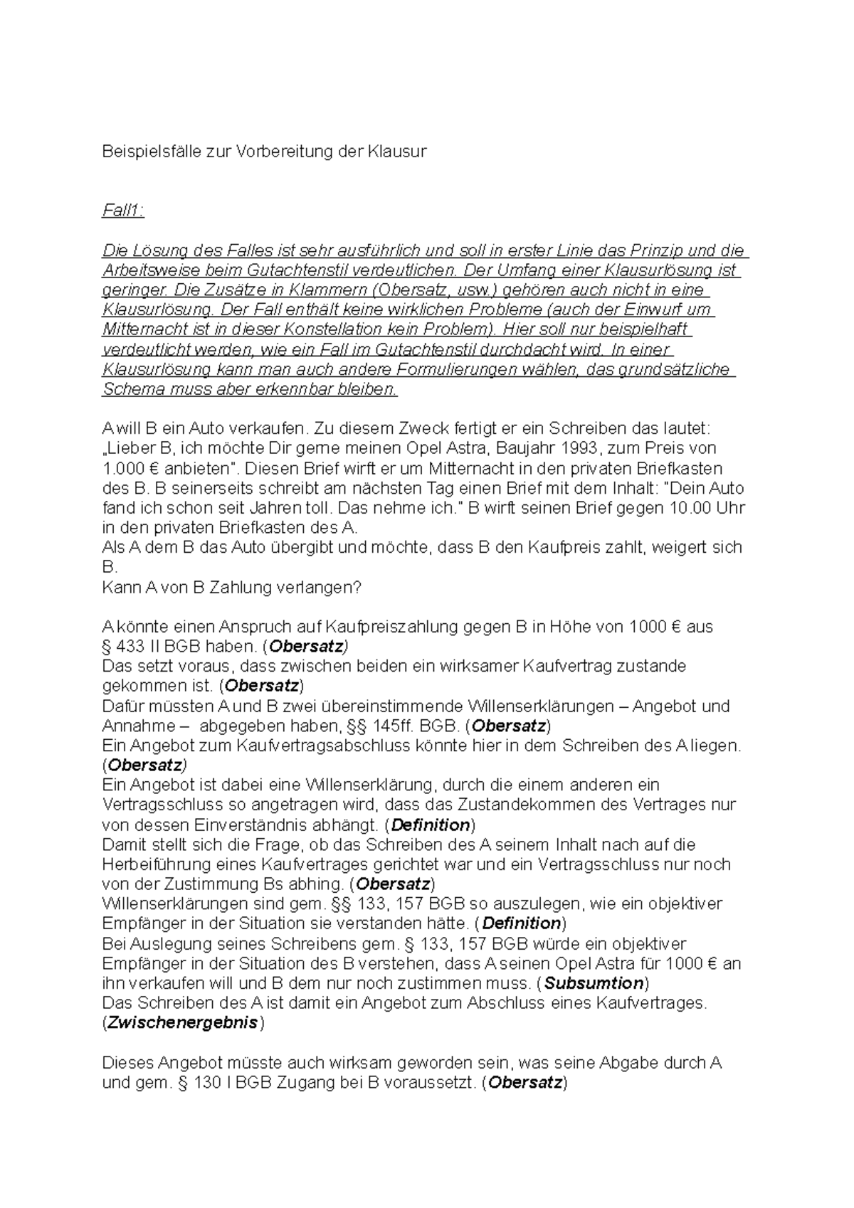 Probeklausur Sommersemester 2015, Fragen und Antworten - Beispielsfälle zur Vorbereitung der ...