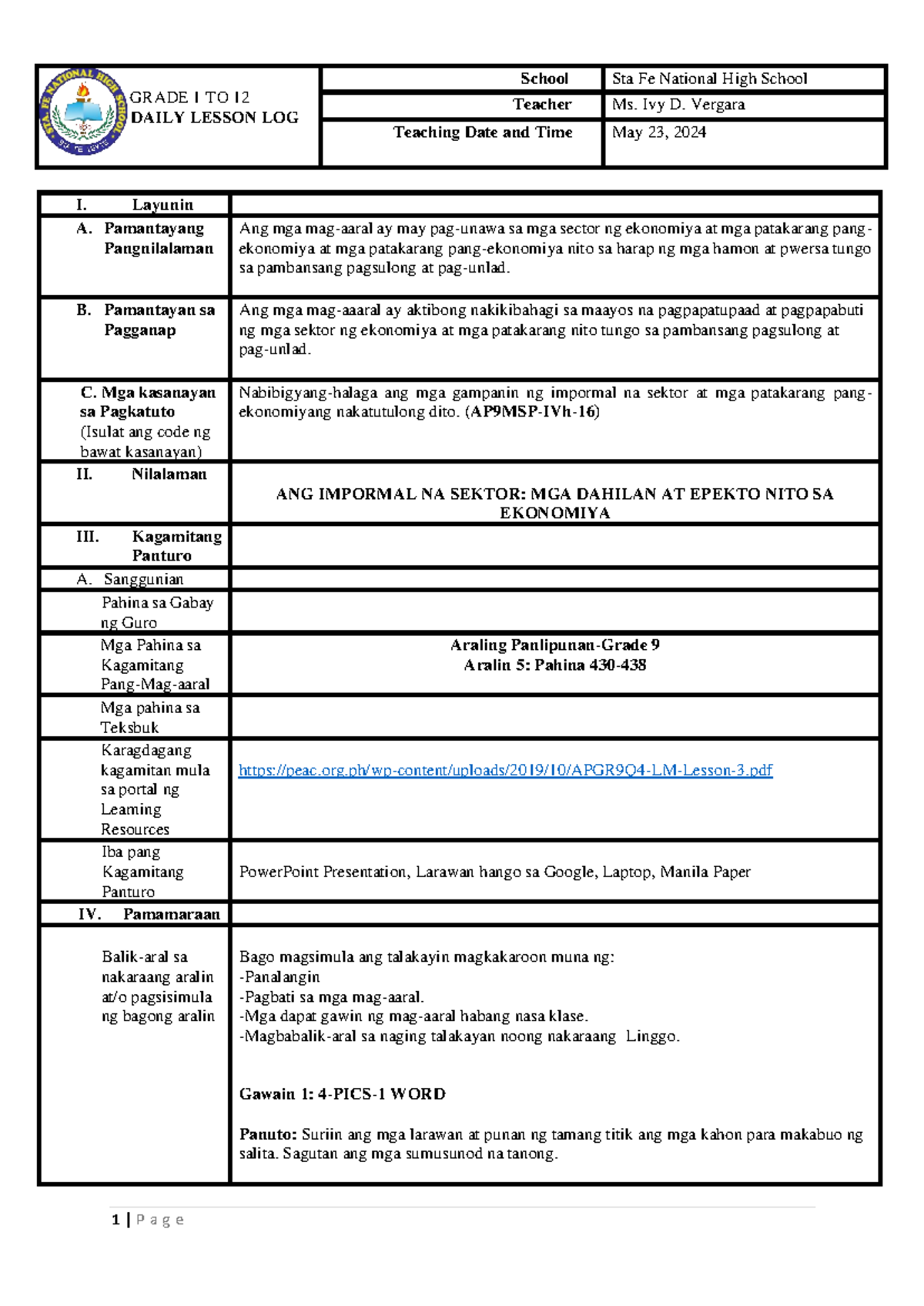 AP Lesson Plan for grade 9 - GRADE 1 TO 12 DAILY LESSON LOG School Sta ...