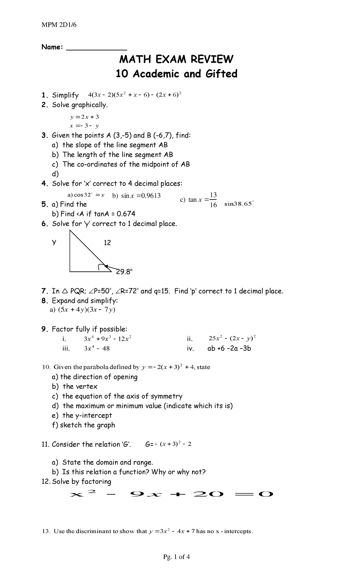 Sample/practice exam - Name: ______________ MATH EXAM REVIEW 10 ...