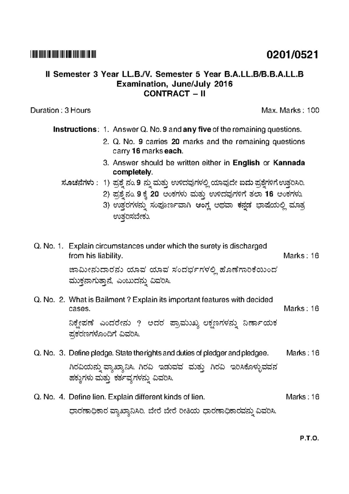 JUNE 2016 QUESTION PAPER - Llb - KSLU - Studocu
