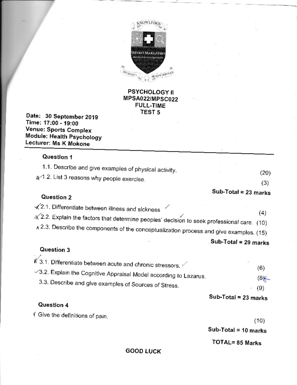 MPSA022 2019 Test 5 - 2nd semester psychology - p,lilWl.:l)6;1 ...