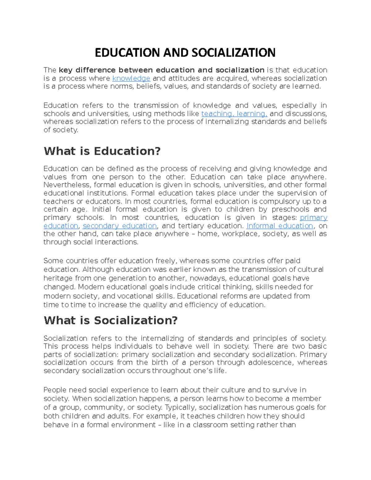 Education-AND- Socialization - EDUCATION AND SOCIALIZATION The key ...