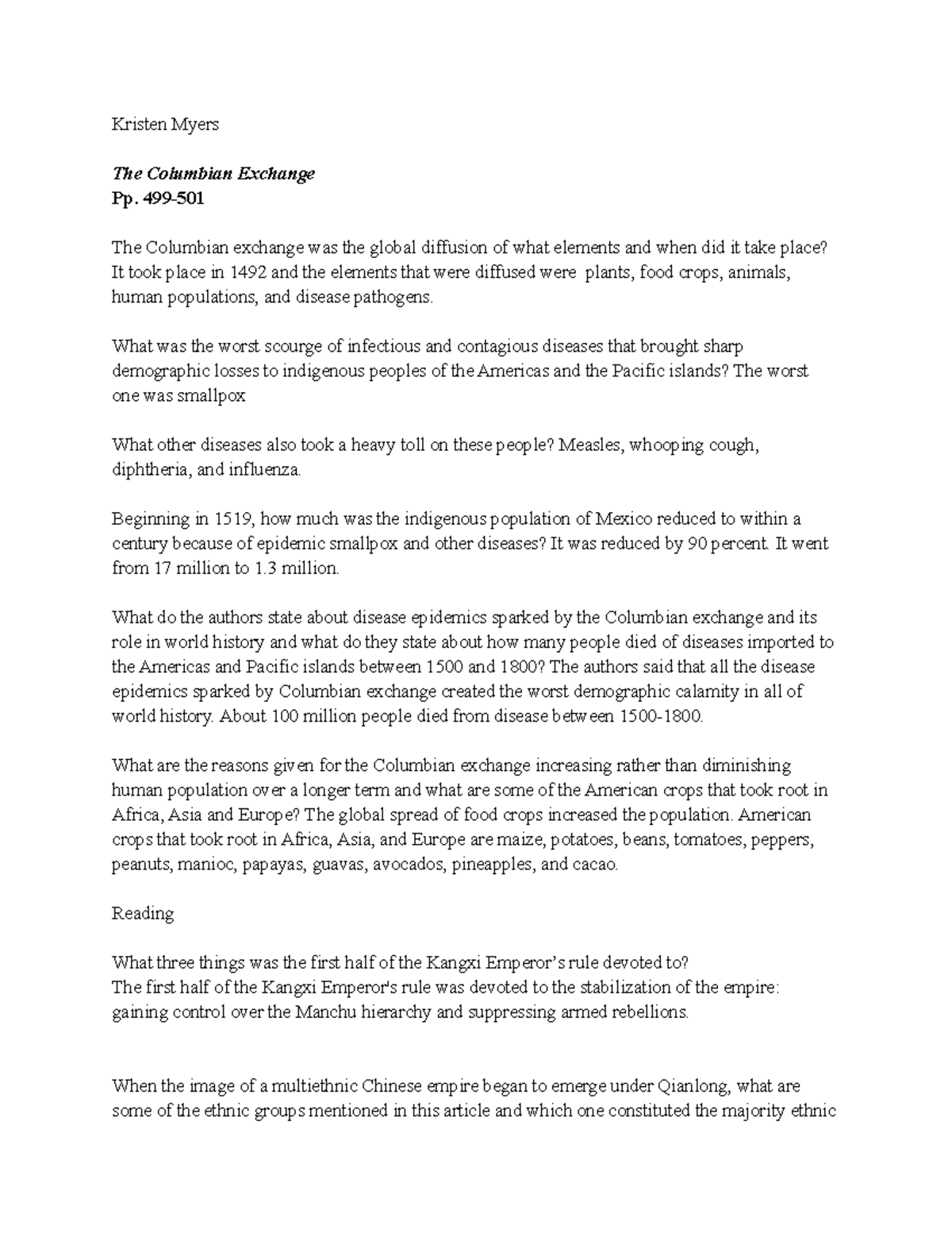 History HW 1 - Homework questions 1 - Kristen Myers The Columbian ...