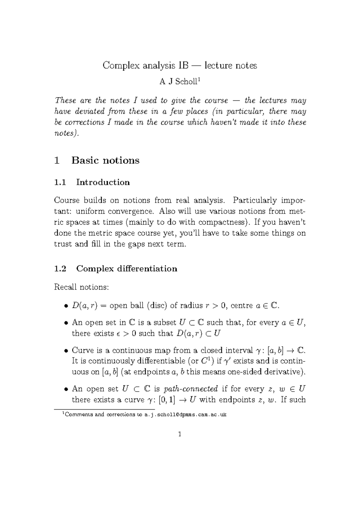 Complex Analysis Notes - Complex analysis IB — lecture notes A J Scholl ...
