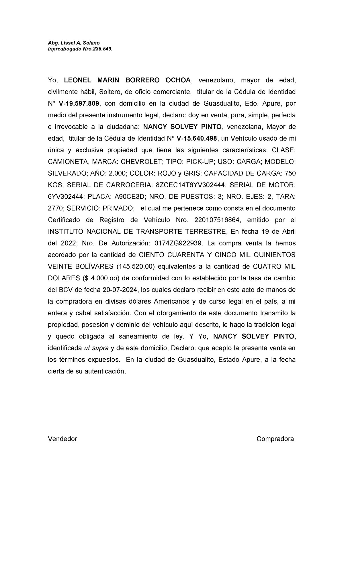 Compra DE Vehiculo Lisse - Abg. Lissel A. Solano Inpreabogado Nro.235 ...