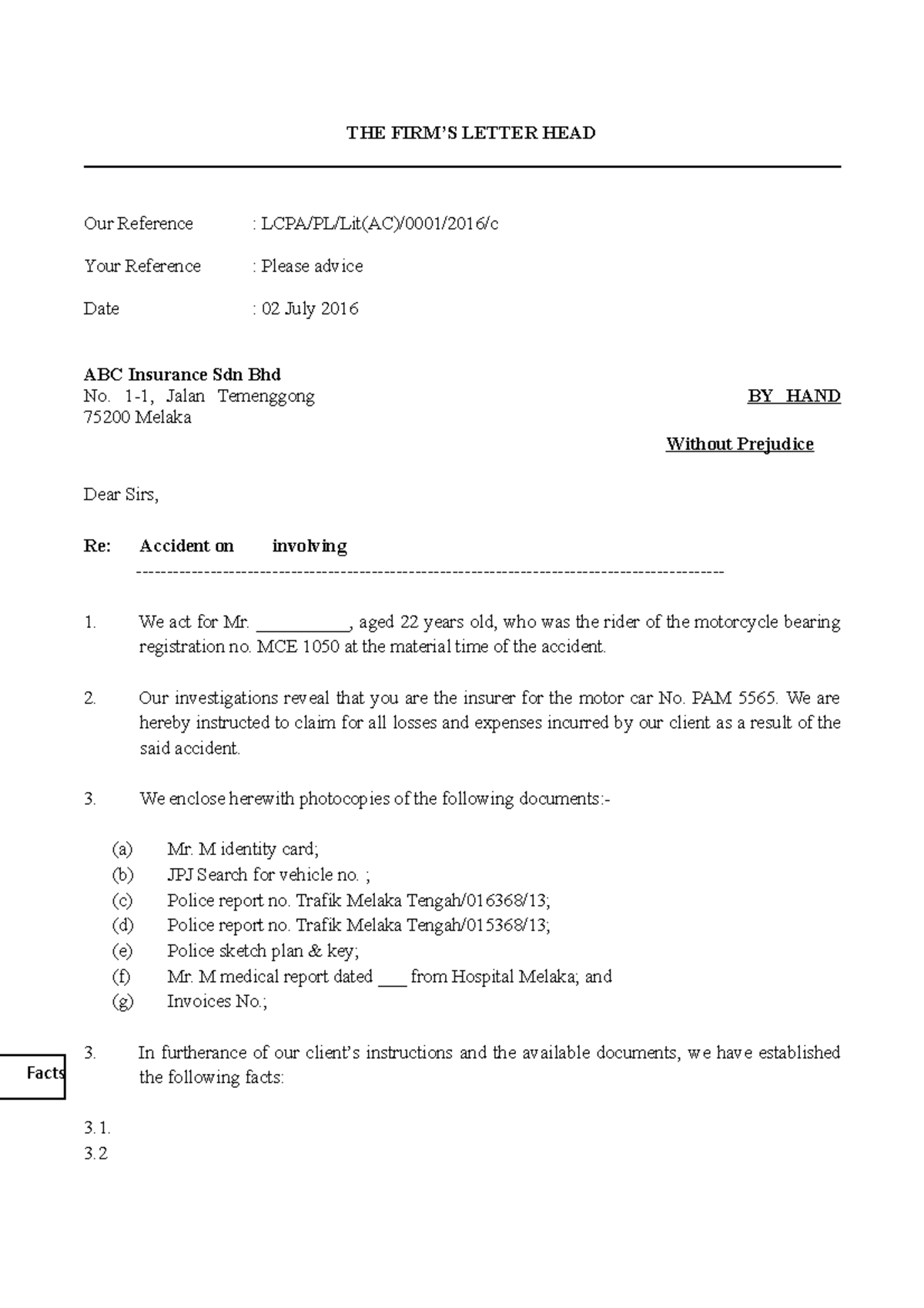 Accident Sample - gdfgeger - THE FIRM’S LETTER HEAD Our Reference ...