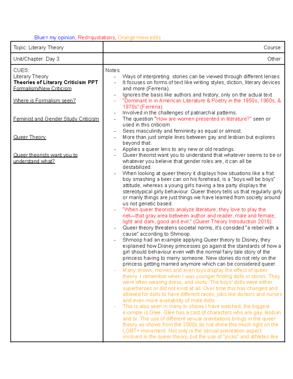 Cornell Notes Template-2 - Blue= my opinion, Red=quotations, Orange=new ...