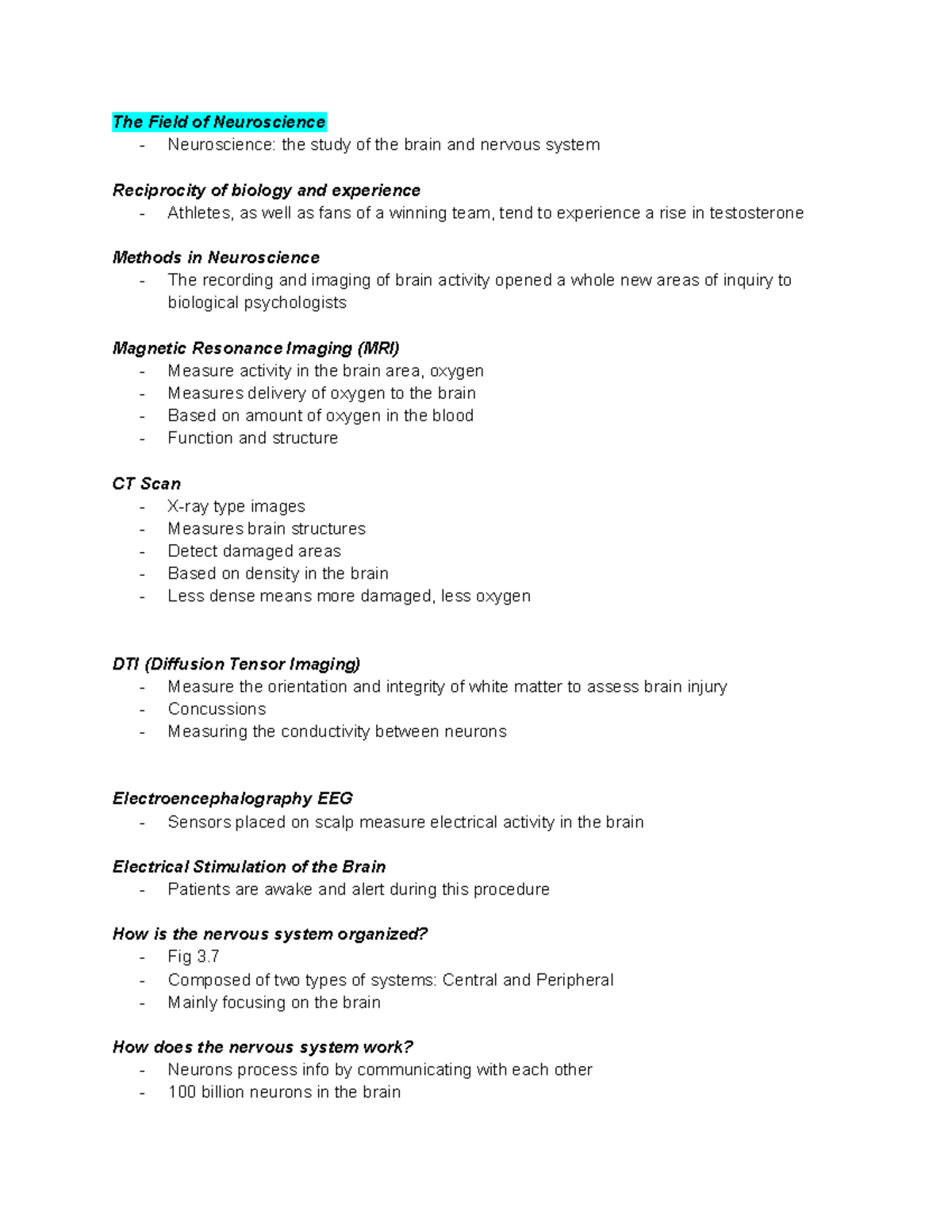 CHAP 3 Neuroscience - Notes - The Field of Neuroscience - Neuroscience ...