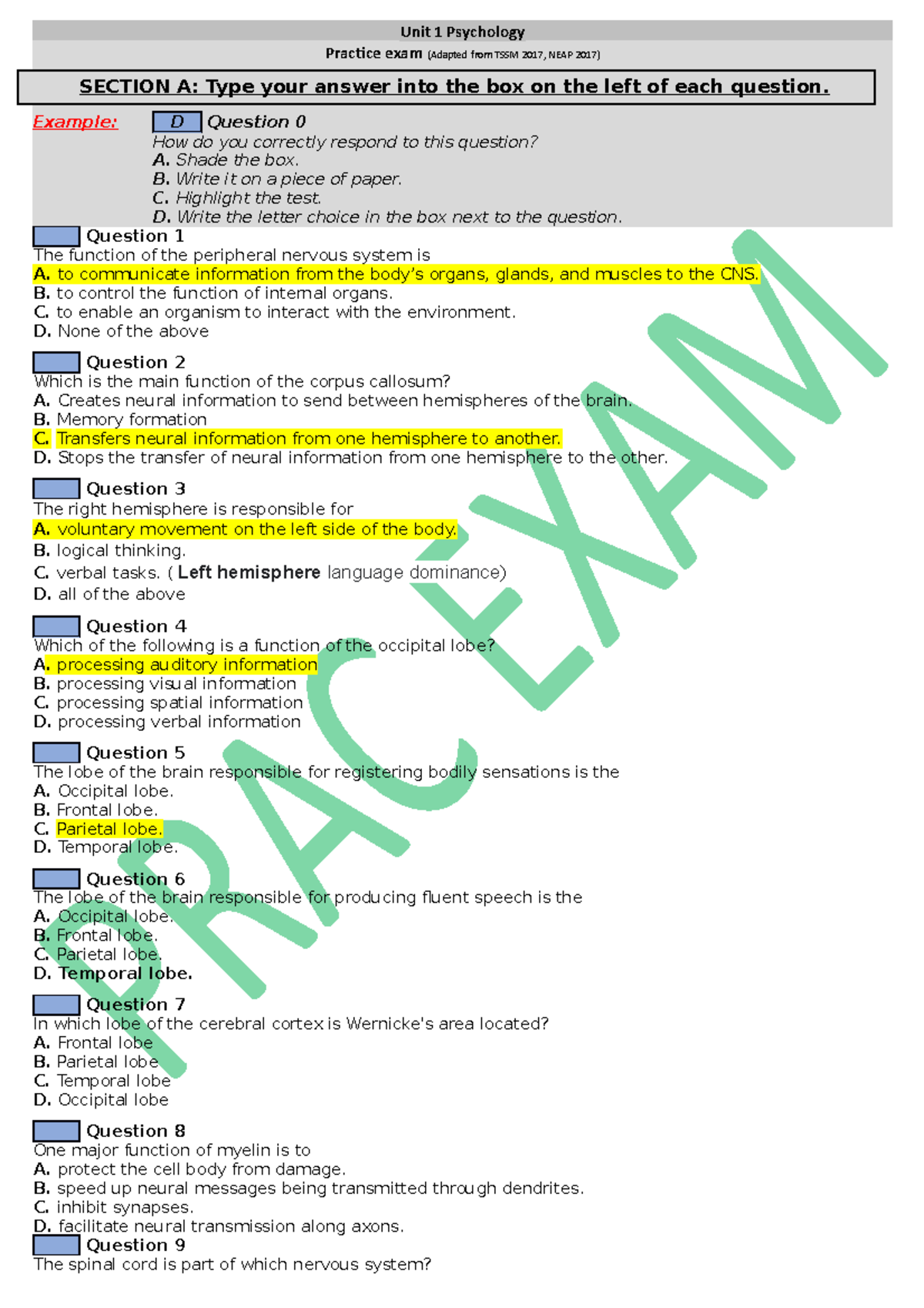 2021 U1 Prac Exam - U1 Prac Exam - Unit 1 Psychology Practice exam ...