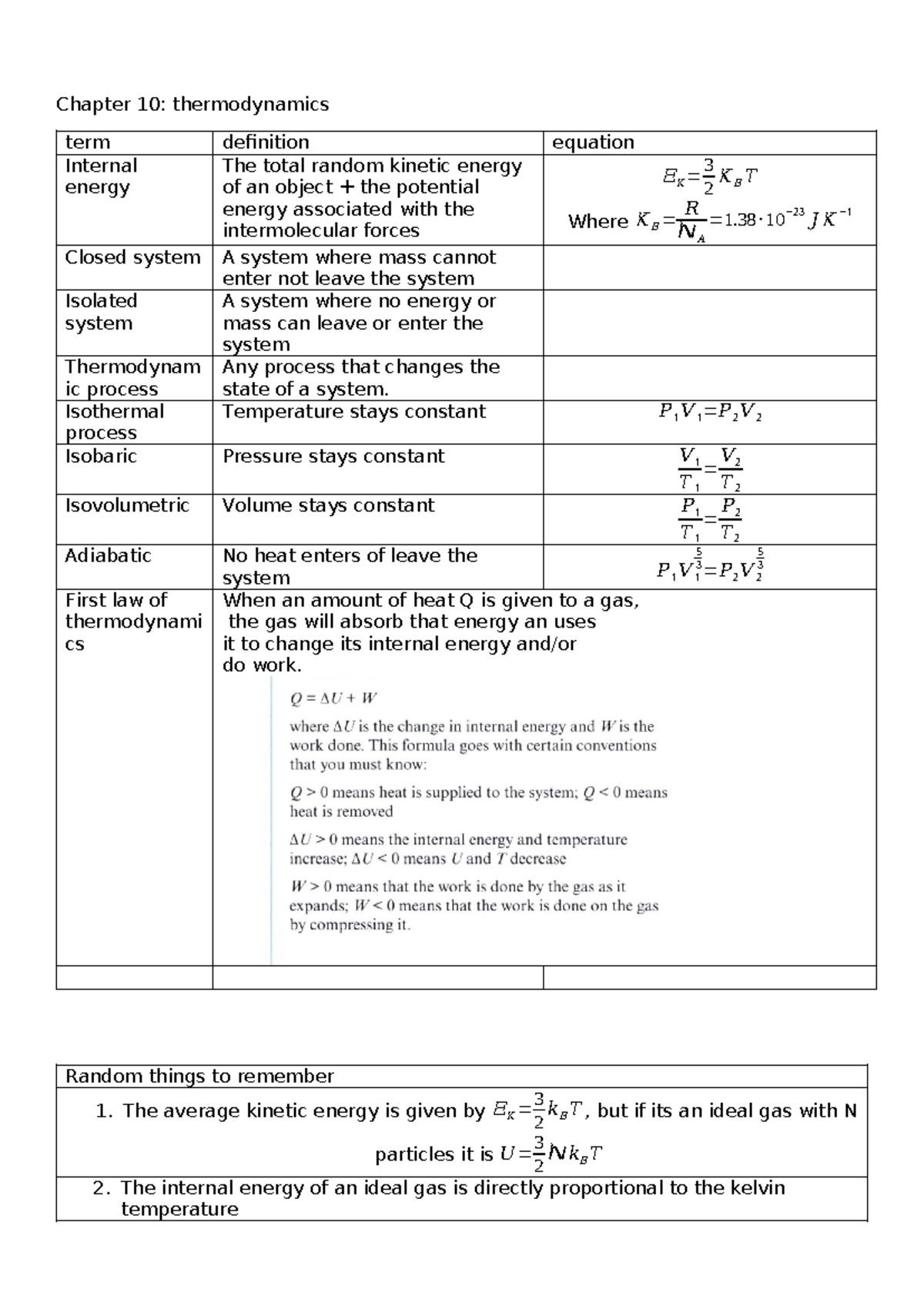 Chapter 10 thermodynamics - Chapter 10: thermodynamics term definition equation Internal energy ...