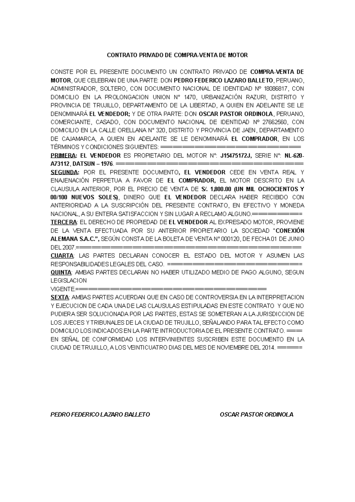 Contrato Privado DE Venta DE Motor - CONTRATO PRIVADO DE COMPRA-VENTA ...