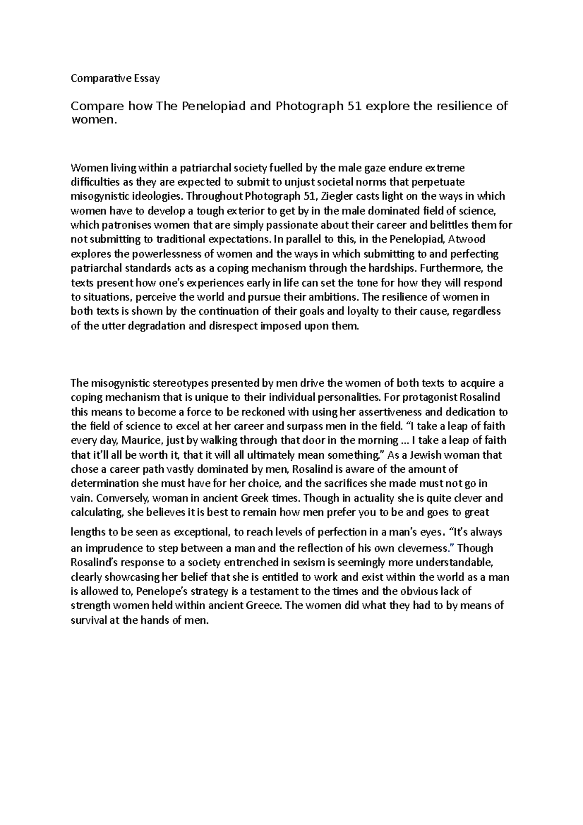 The Penelopiad/ Photograph 51 Comparative Essay - Grade: A+ - 002167E ...