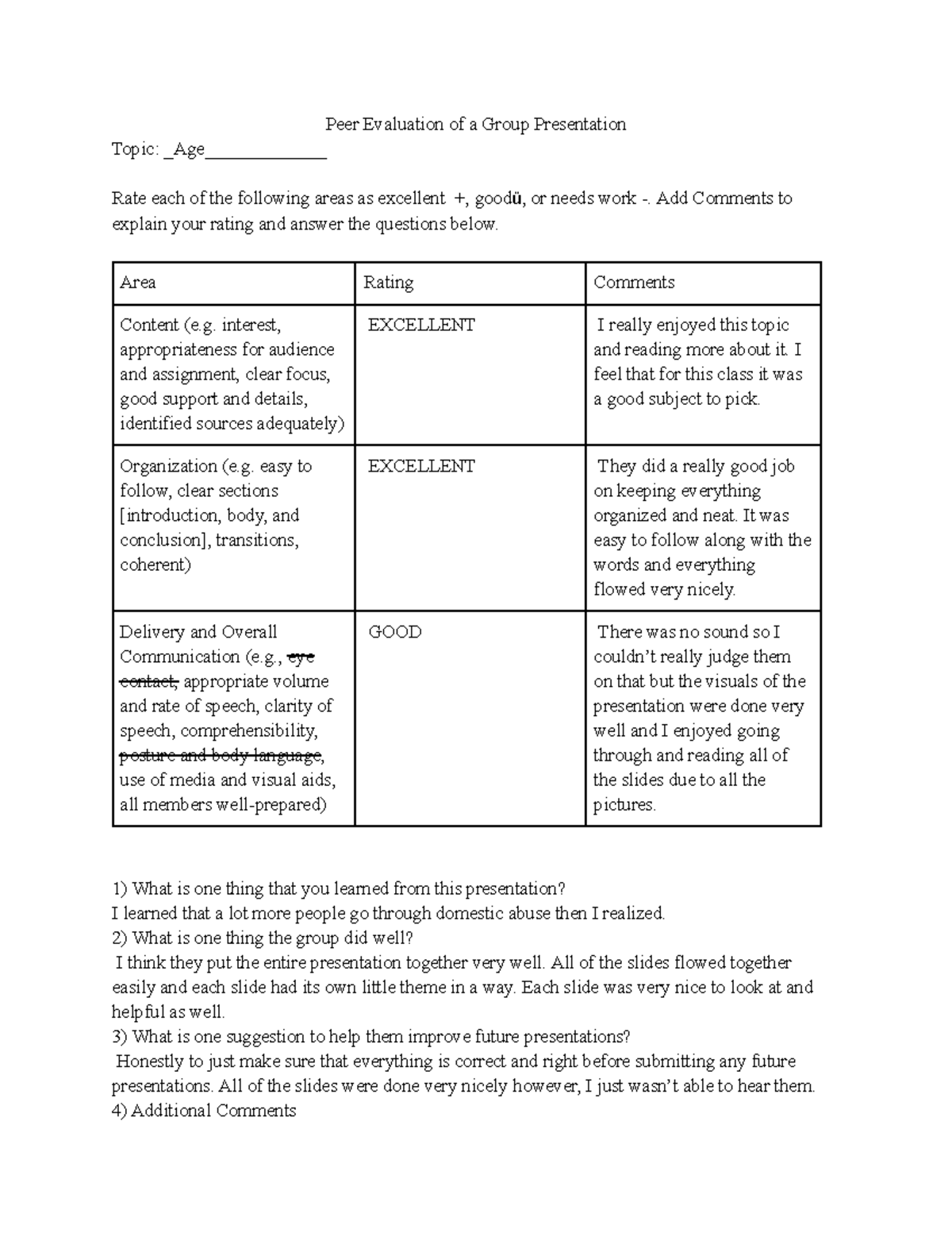 Peer Evaluation of a Group Presentation - Add Comments to explain your ...