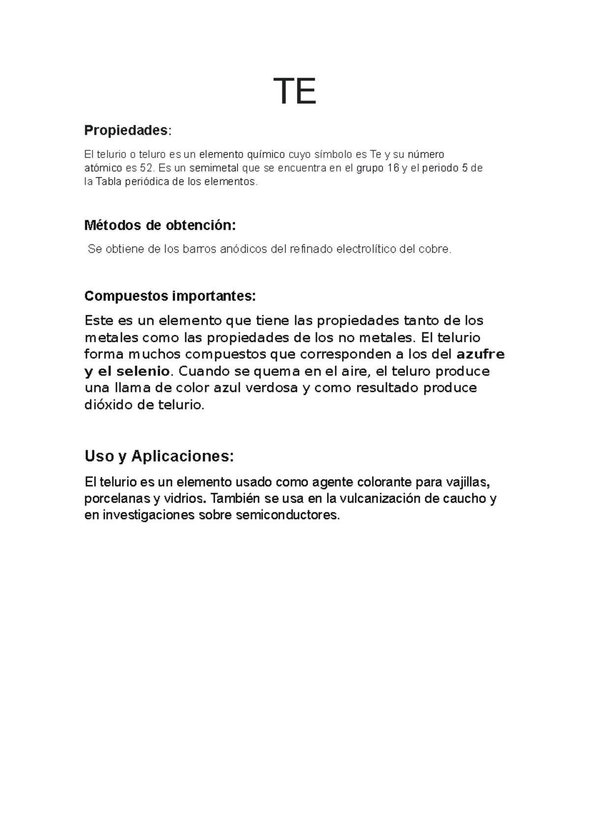TE - 22sdasdsa - TE Propiedades : El telurio o teluro es un elemento ...