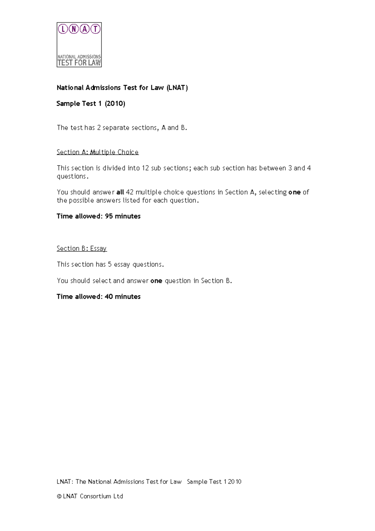 Practice Test 2010 Paper 1 National Admissions Test For Law LNAT