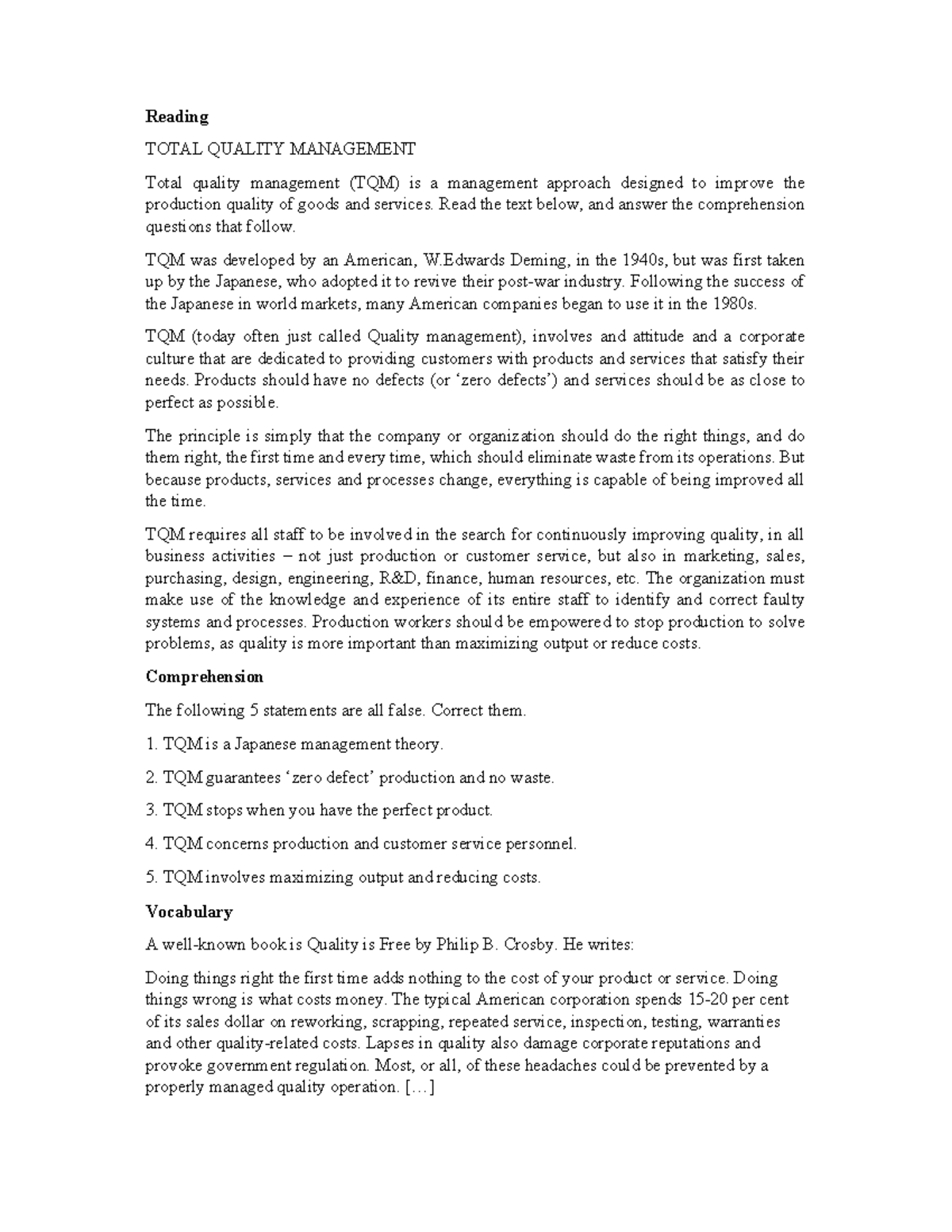 Unit 10-Quality more - handout - Reading TOTAL QUALITY MANAGEMENT Total ...