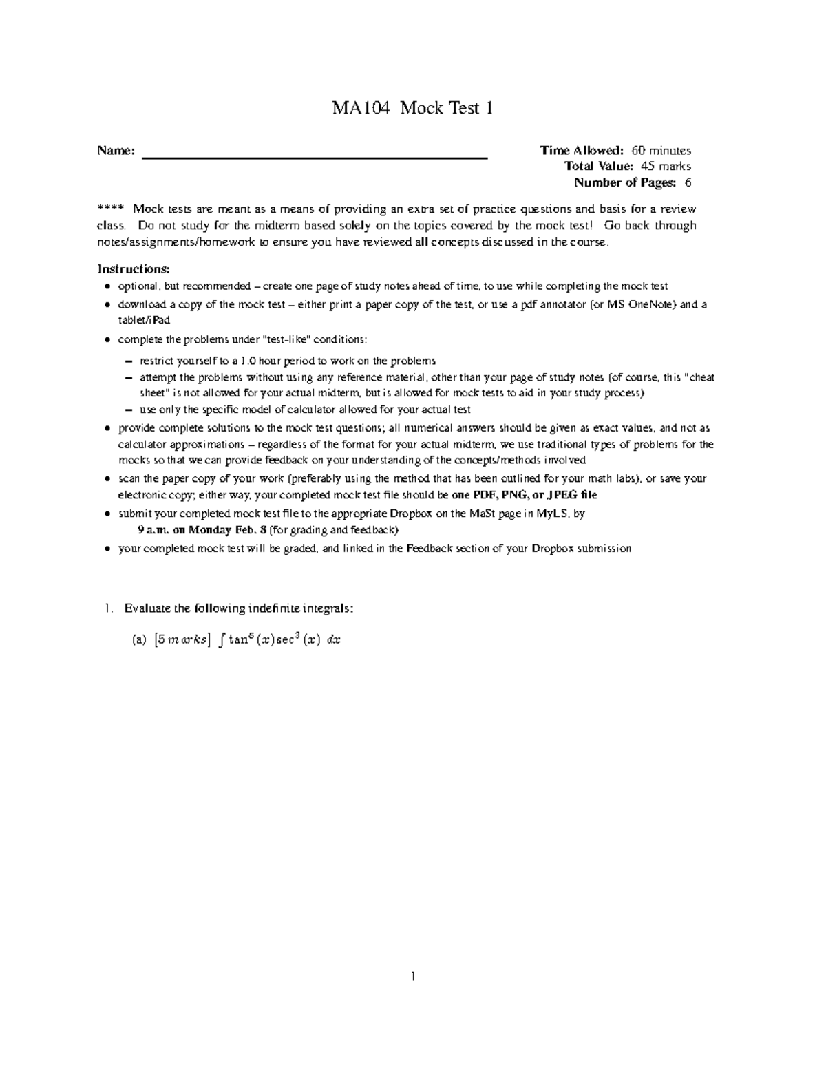 Mock Ma104 T1 W21- midterm - MA103 - WLU - Studocu