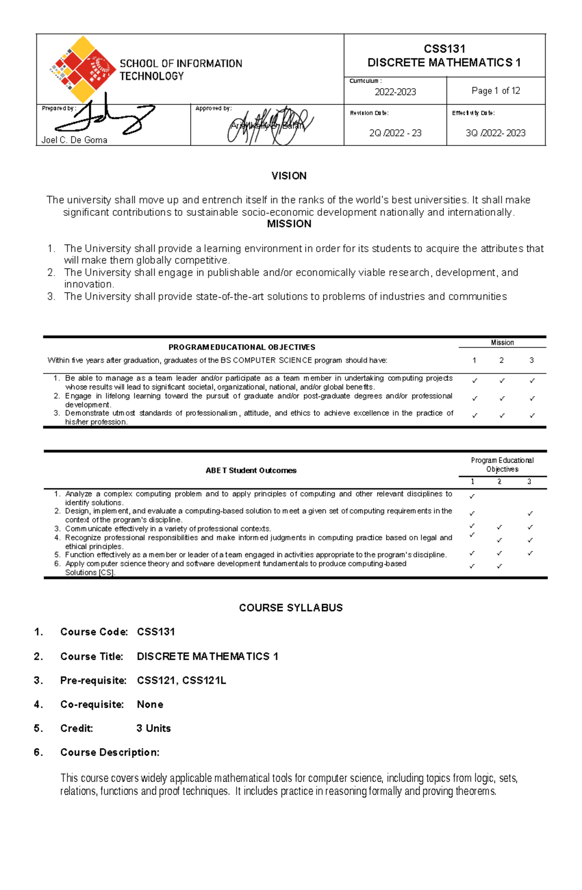 Discrete math - syllabus - DISCRETE MATHEMATICS 1 Curriculum: 2022-2023 ... Discrete math - syllabus - DISCRETE MATHEMATICS 1 Curriculum: 2022-2023 ...