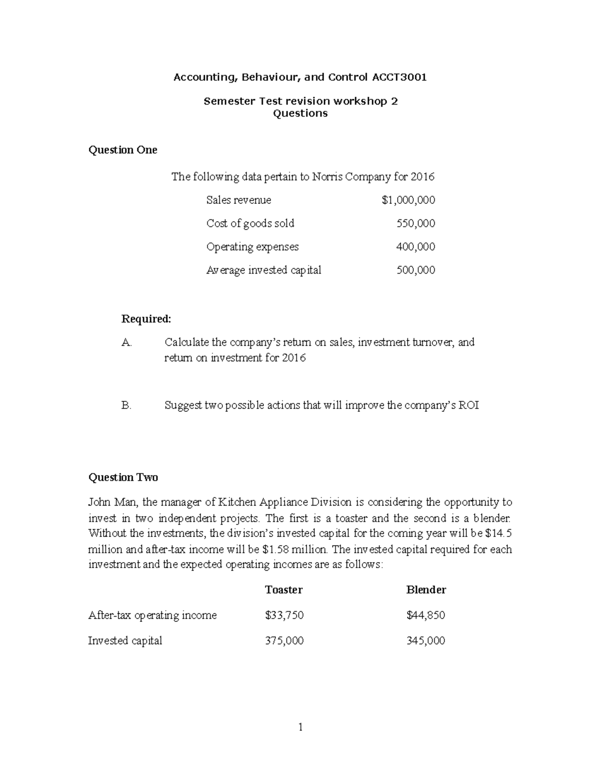 Semester Test Revision Workshop 2 Questions - Accounting, Behaviour ...
