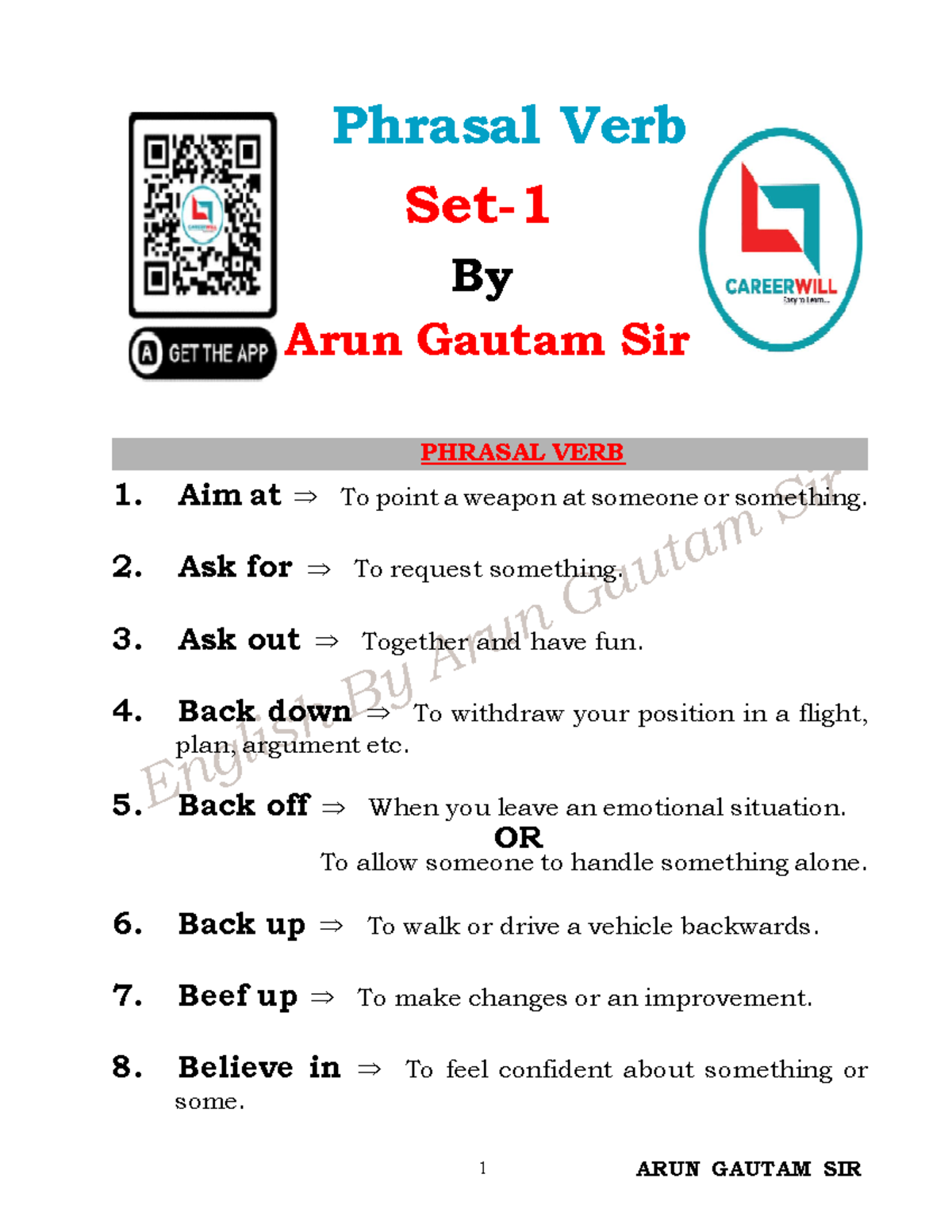 075. Phrasal Verb Set-1 - 1 English By Arun Gautam Sir PHRASAL VERB 1 ...