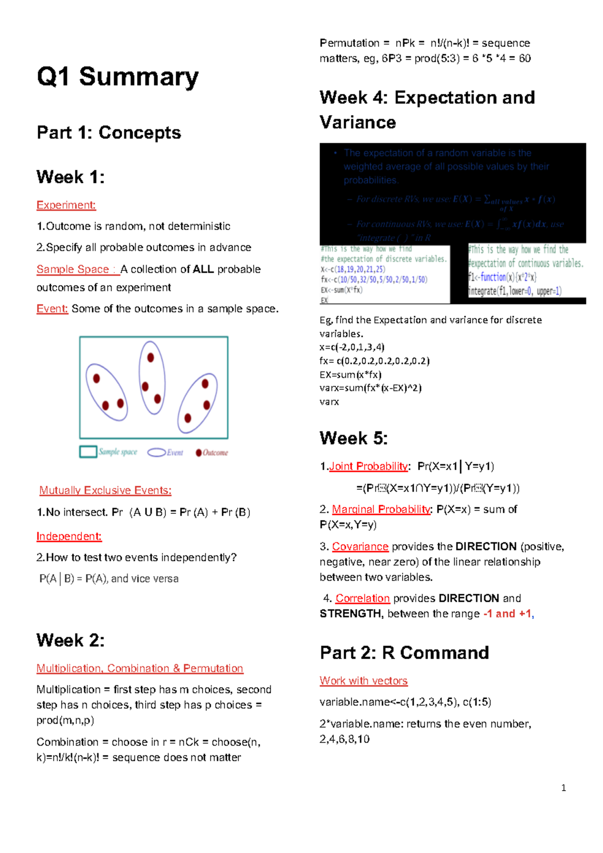 Stats Q1 Cheat Sheet - 1 Q1 Summary Part 1: Concepts Week 1: Experiment ...