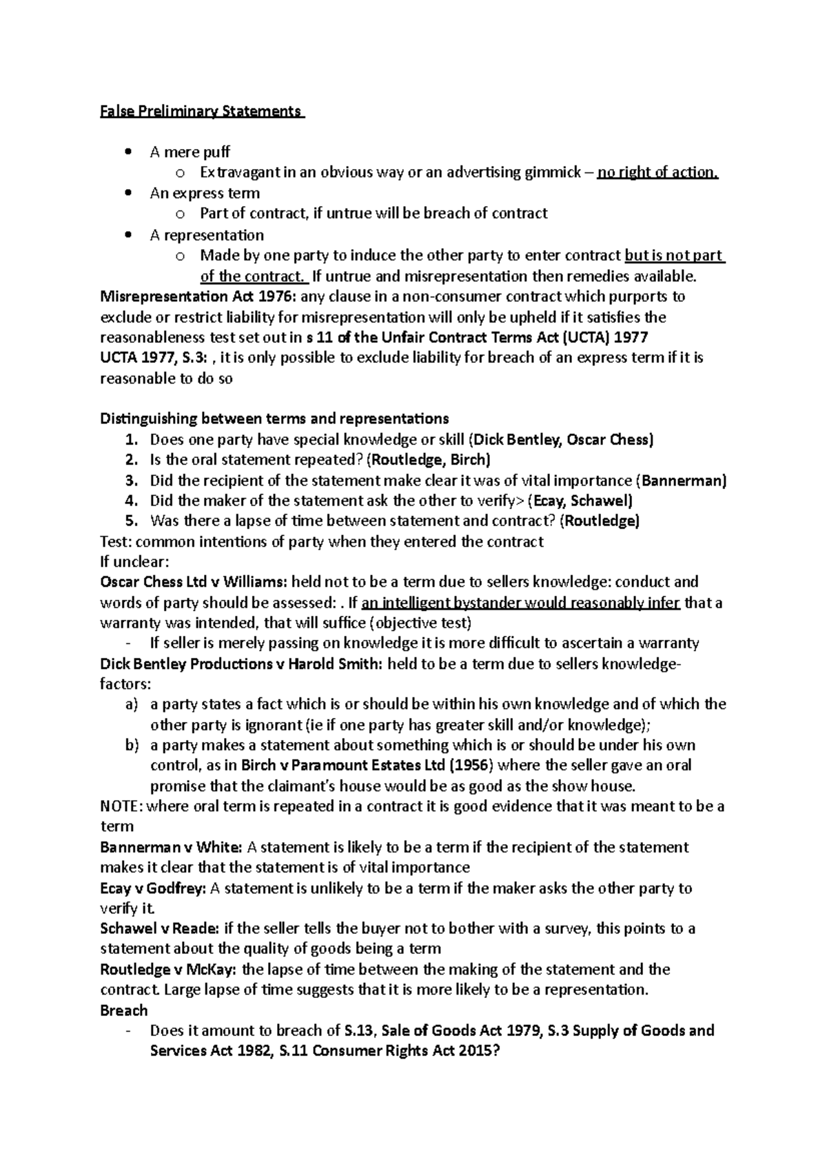 False Preliminary Statements 1 - An express term o Part of contract, if ...